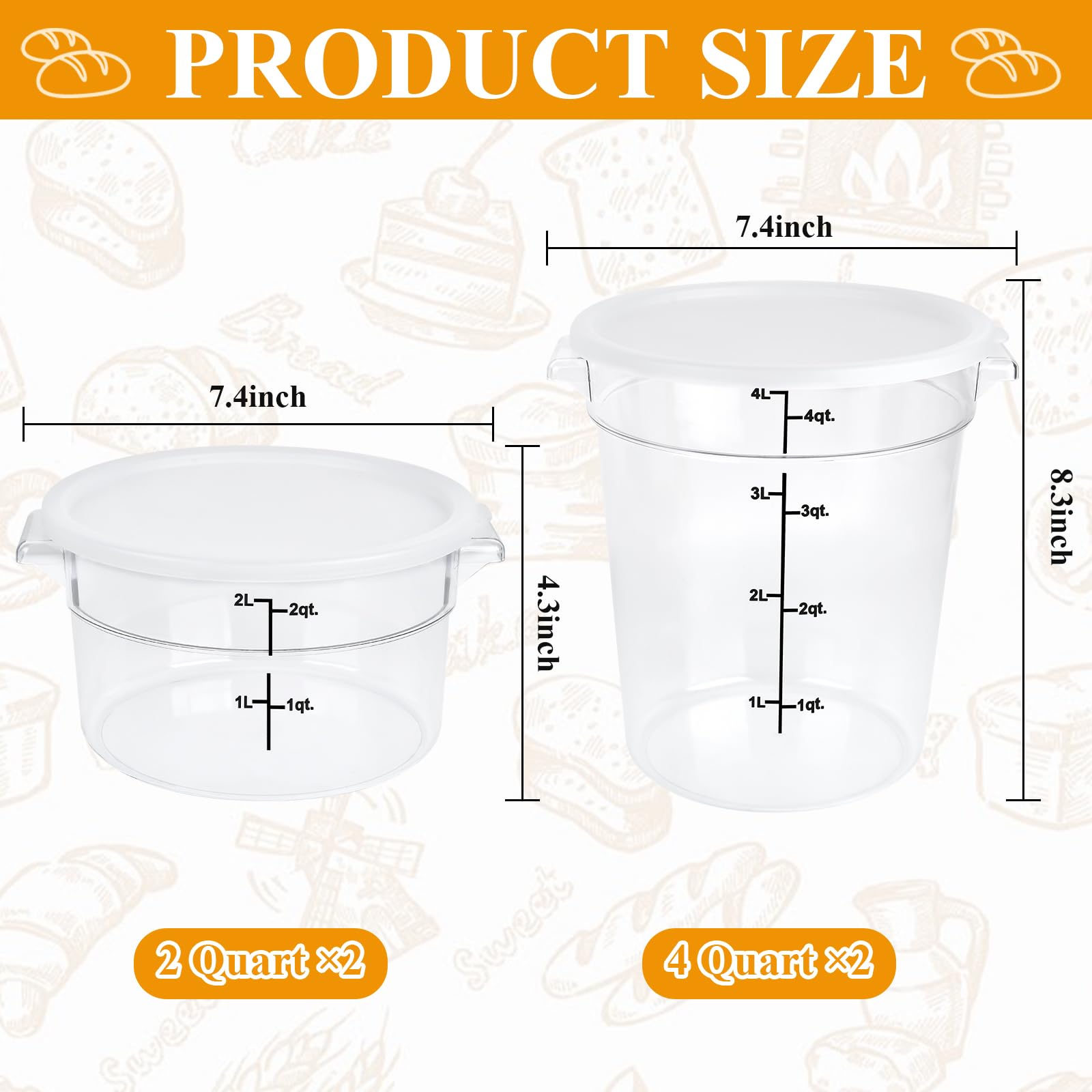 Milkary 4Pcs Food Storage Container with Lids, Clear Round Dough Proofing Container, Commercial Containers with Scales and Handles for Bread Dough Rise Fridge Kitchen Organization 2 Qt 4 Qt (White)