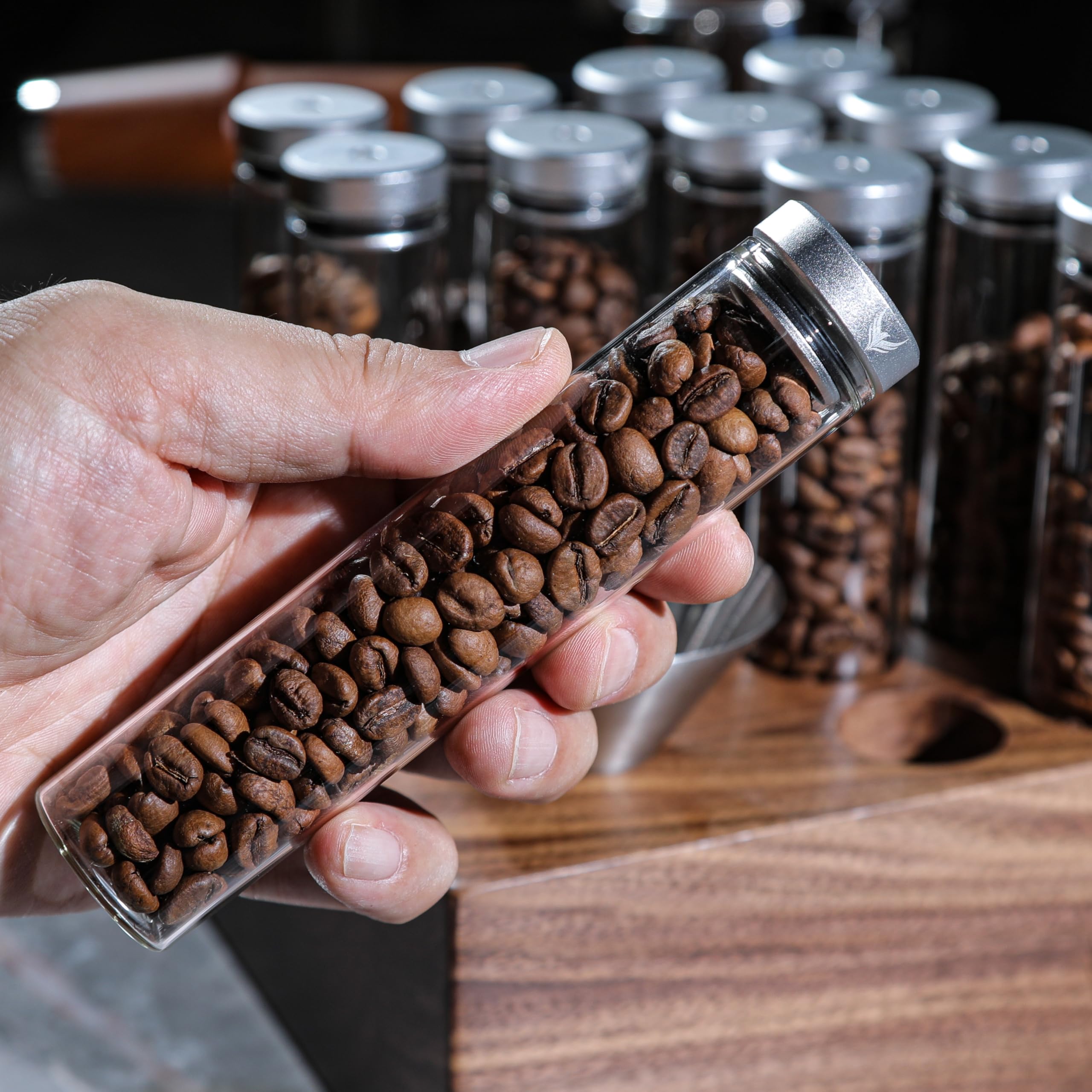 KNODOS Single Dose Coffee Bean Storage Tubes 12 pcs Glass Espresso Dosing Vials with One-Way Exhaust Valve Lids, Walnut Stand & Stainless Steel Funnel Coffee Bean Cellar