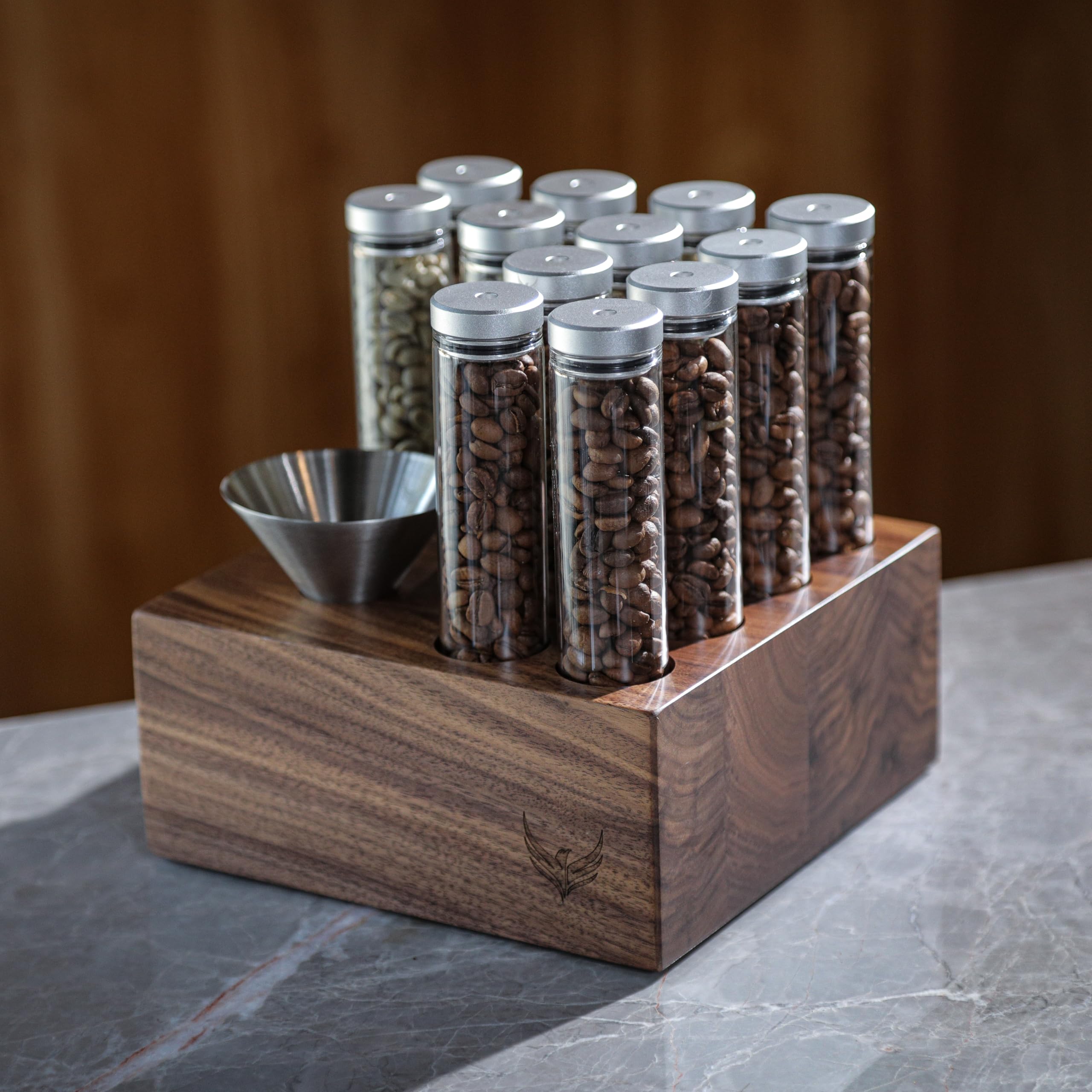 KNODOS Single Dose Coffee Bean Storage Tubes 12 pcs Glass Espresso Dosing Vials with One-Way Exhaust Valve Lids, Walnut Stand & Stainless Steel Funnel Coffee Bean Cellar