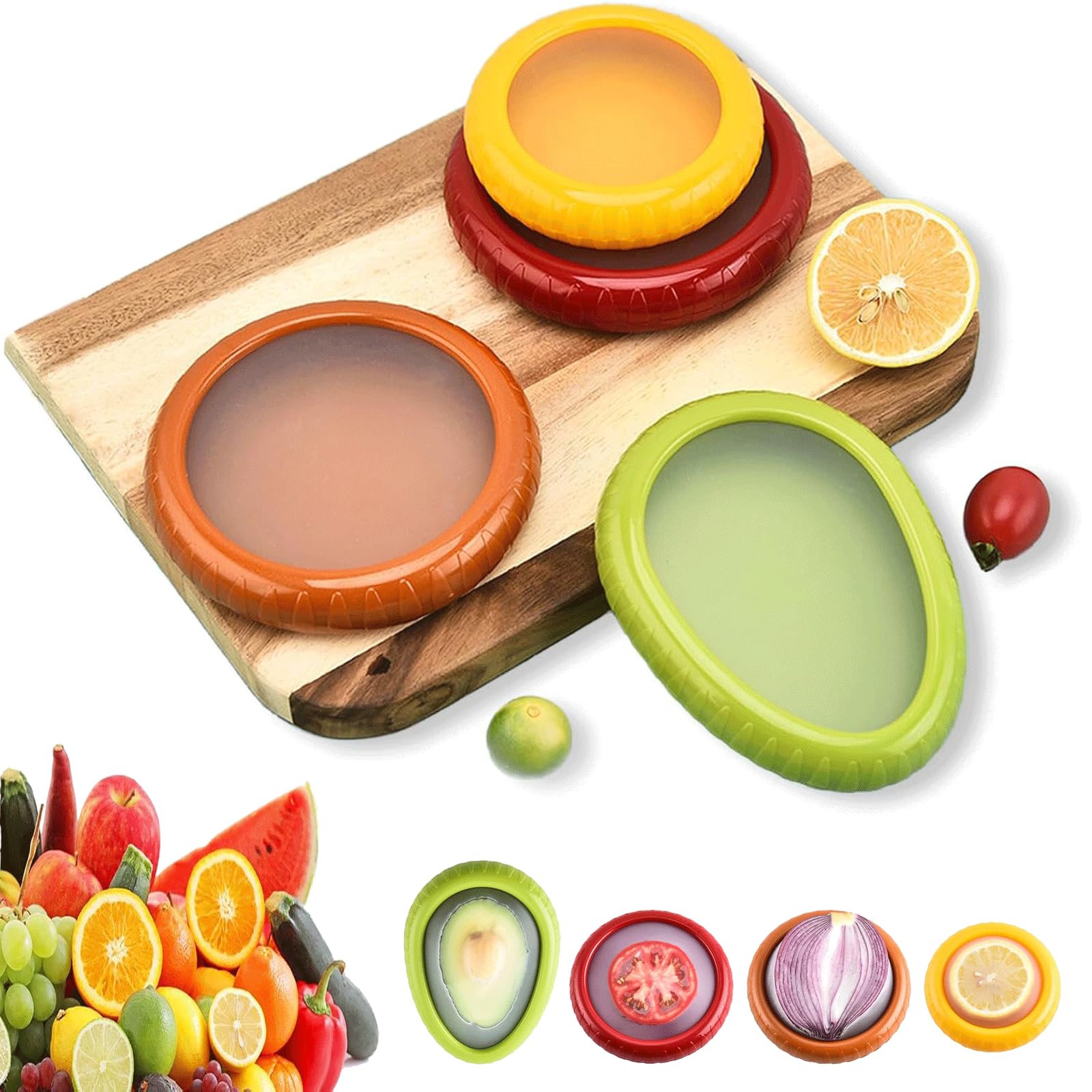 4Pack Silicone Fruit Storage Box Avocado saver and onion storage Containers Fruit Storage Containers for Fridge Keep Fresh Reusable Storage Containers for Onions Lemons Garlic Tomato (4Pack-Mix)
