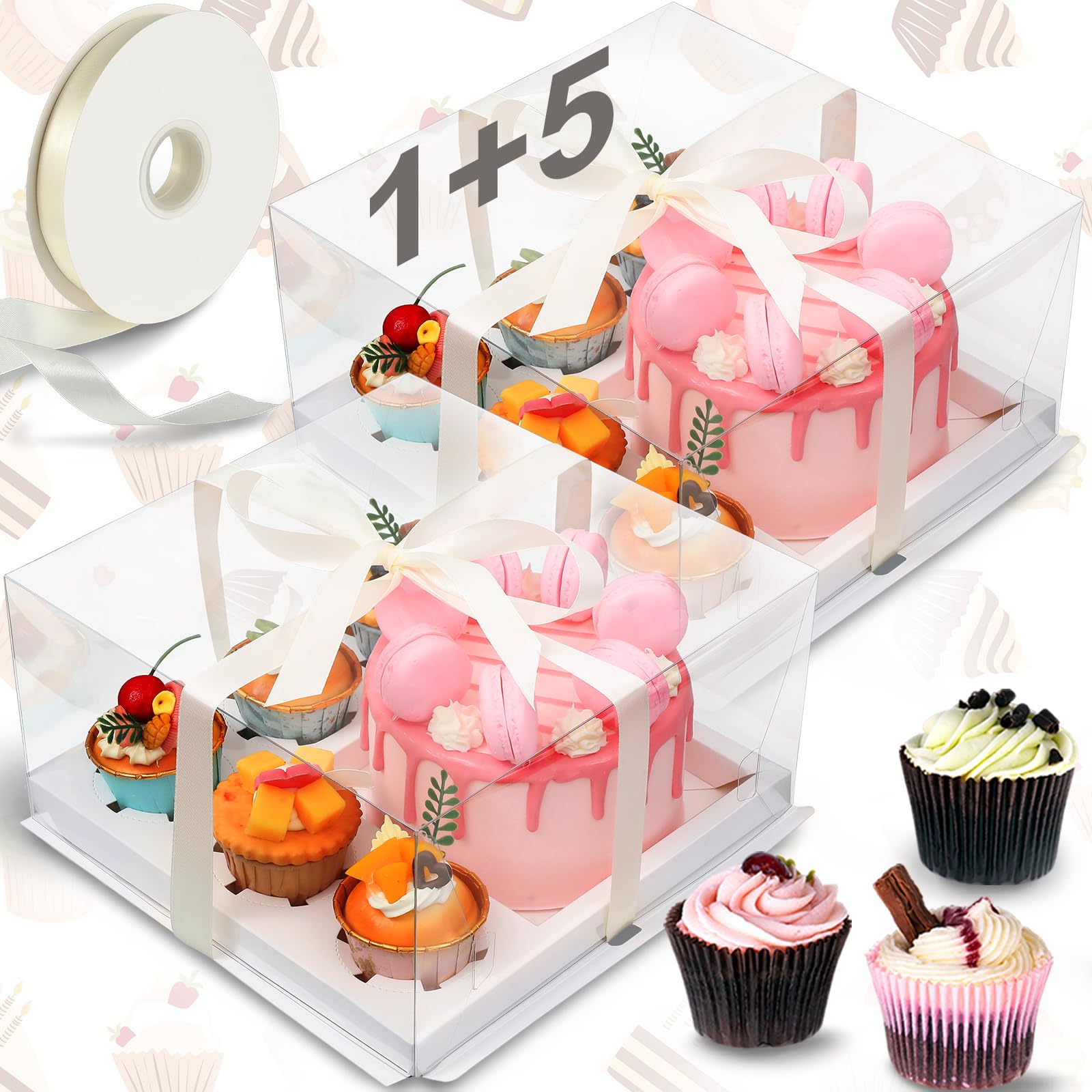Sayglossy Bento Cake and Cupcake Box 1+5 Bento Boxes for Mother's Day Wedding Birthday Party Baby Shower Bakery Supplies(2 Pack,White)