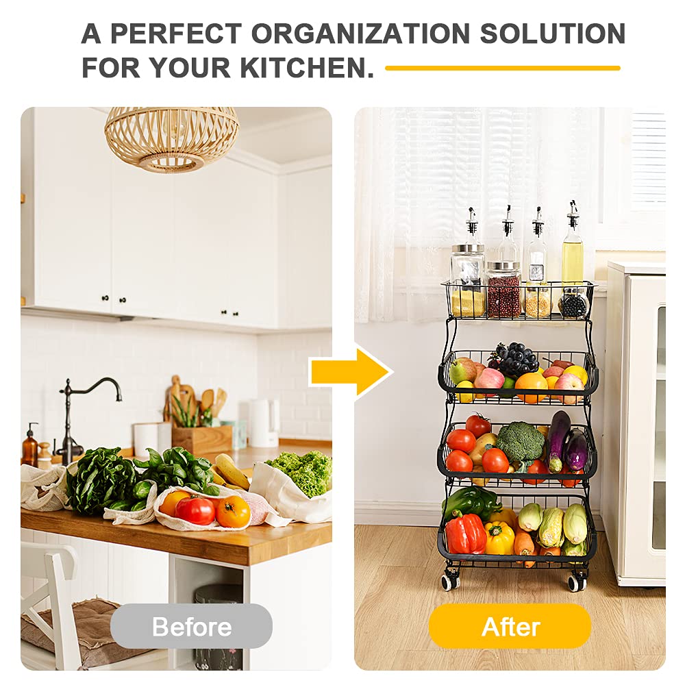 Fruit Vegetable Storage Basket, 4 Tier Stackable Metal Wire Storage Baskets with Wheels, Fruit Vegetable Produce Basket Organizer Bins for Kitchen, Pantry, Bathroom