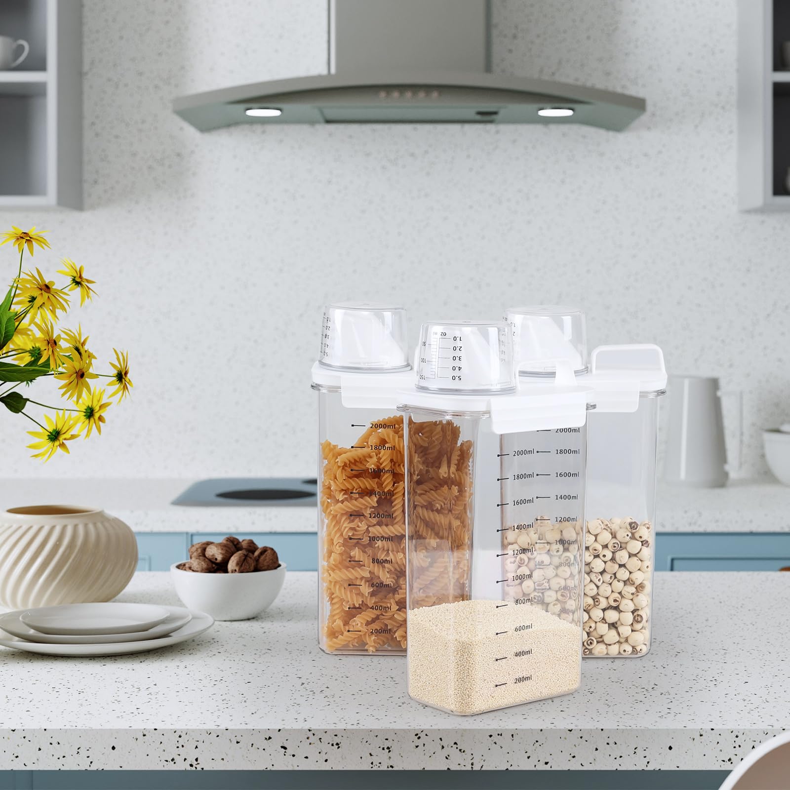 Gainhope 3 Packs Clear Rice Airtight Containers with Measuring Cup and Pourable Spout 2.3L, Kitchen Flour Cereal Dry Food Storage Bin, Plastic All Purpose Dispenser