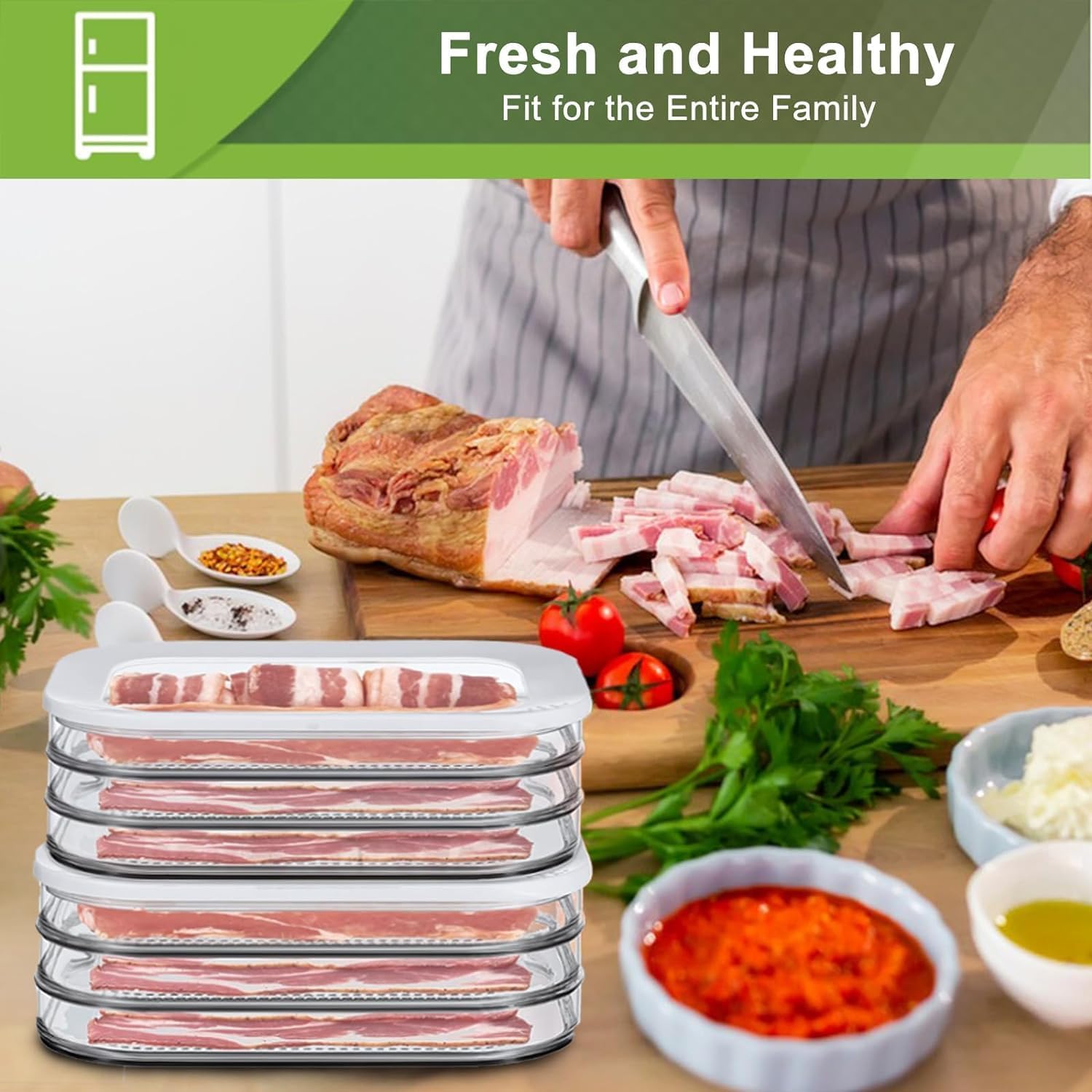 CHACHAE Deli Meat Container for Fridge,Bacon Lunch Meat Container for Refrigerator,Cold Cuts Storage Containers for Fridge,Stackable Food Storage Boxes with Lid for Sandwich,Deli,Meat,Meal Prep,1Pack