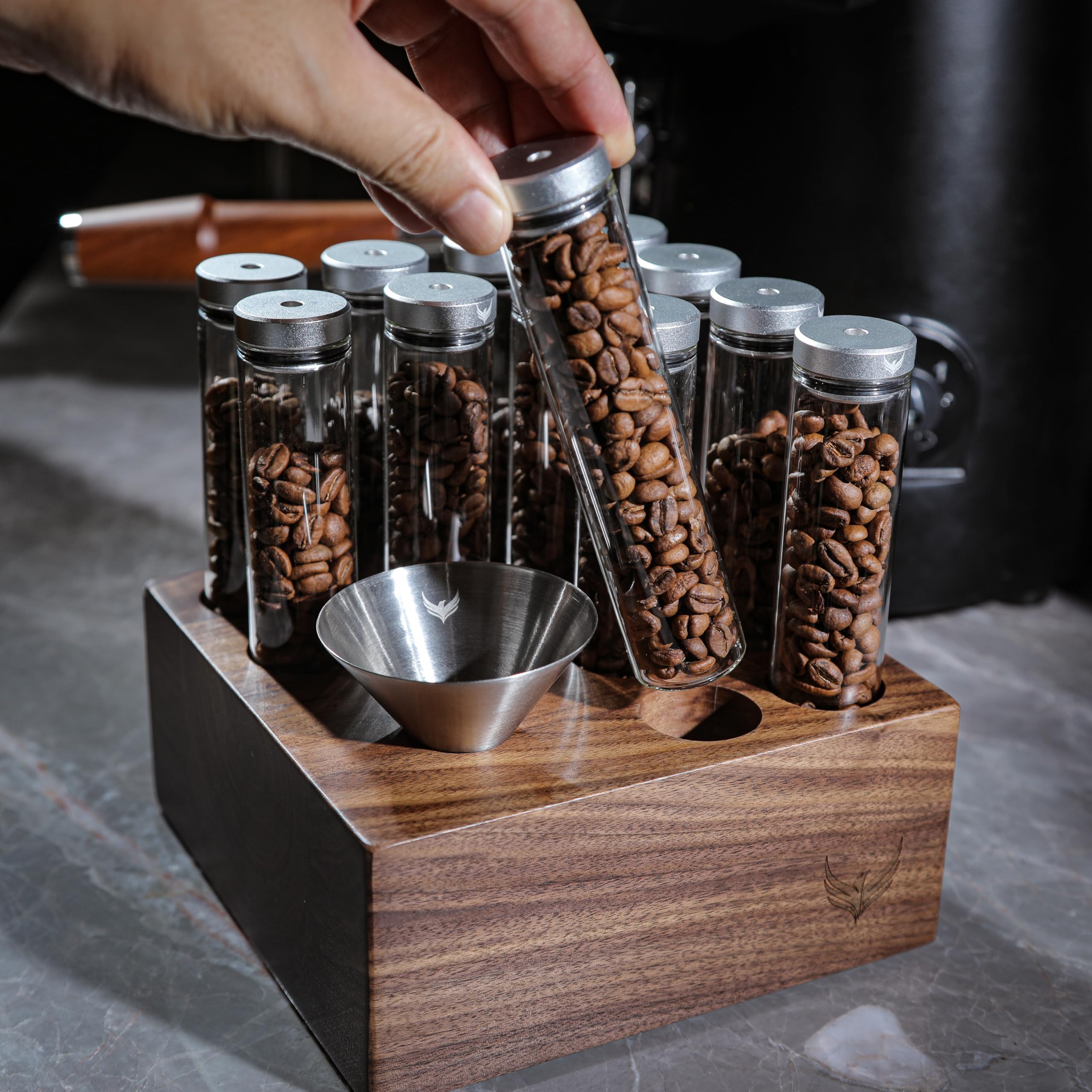 KNODOS Single Dose Coffee Bean Storage Tubes 12 pcs Glass Espresso Dosing Vials with One-Way Exhaust Valve Lids, Walnut Stand & Stainless Steel Funnel Coffee Bean Cellar