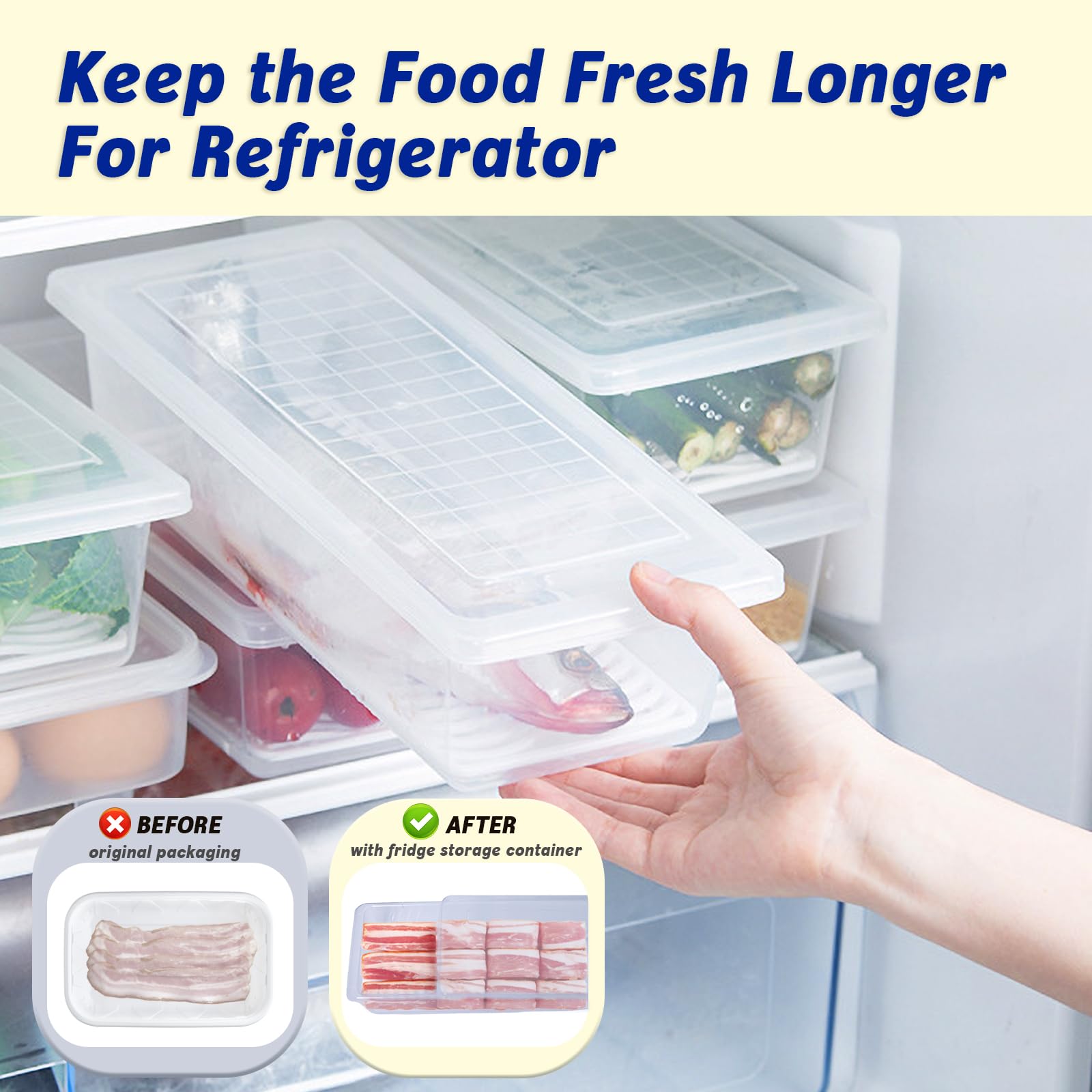 Caylielam 2-Pack Bacon Keeper Containers for Refrigerator, Airtight Fridge Meat Food Storage Boxes with Lids and Tongs, Clear and Reusable Plastic Fruit Cheese Eggs Serving Holder, Microwave Safe