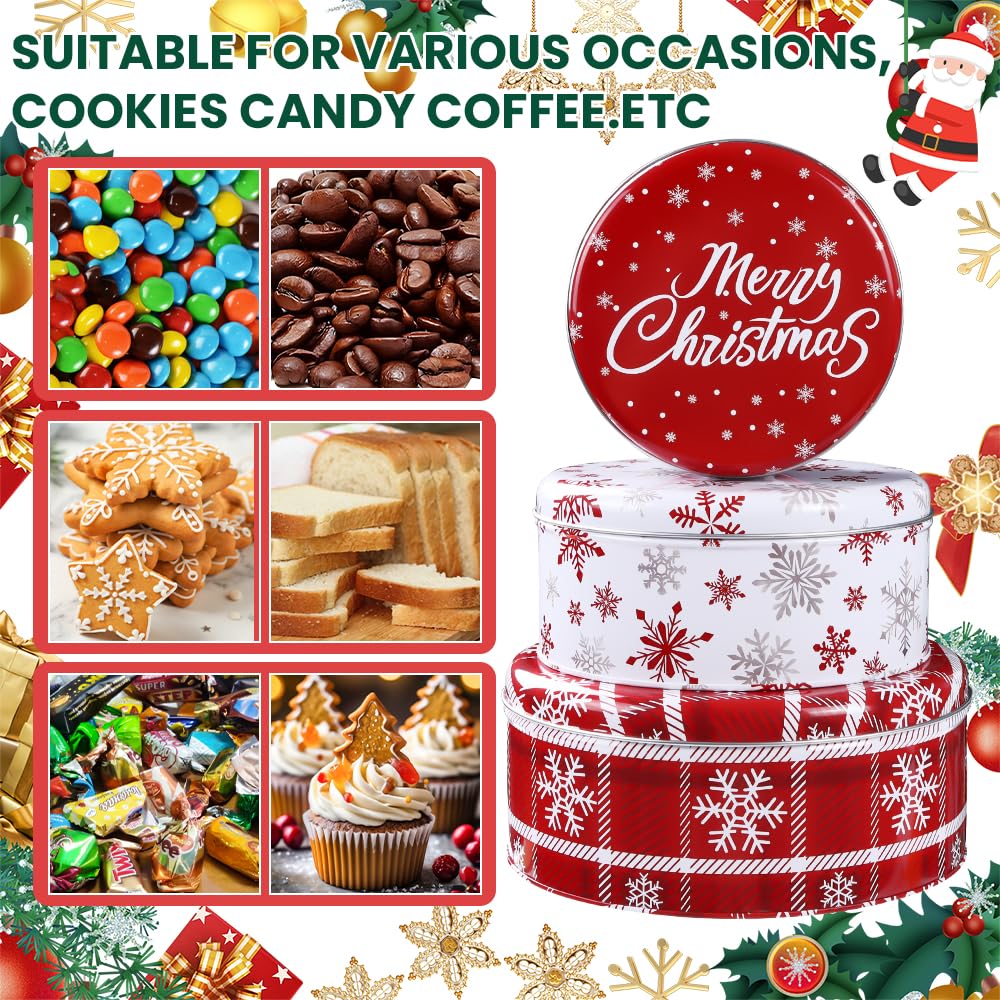DIYDEC 3 Pack Christmas Cookie Tins with Lids Round Christmas Tin Containers with Gift Ribbon Large Medium Small Xmas Metal Nesting Containers Festive Cookie Tins for Gift Giving Holiday Treats