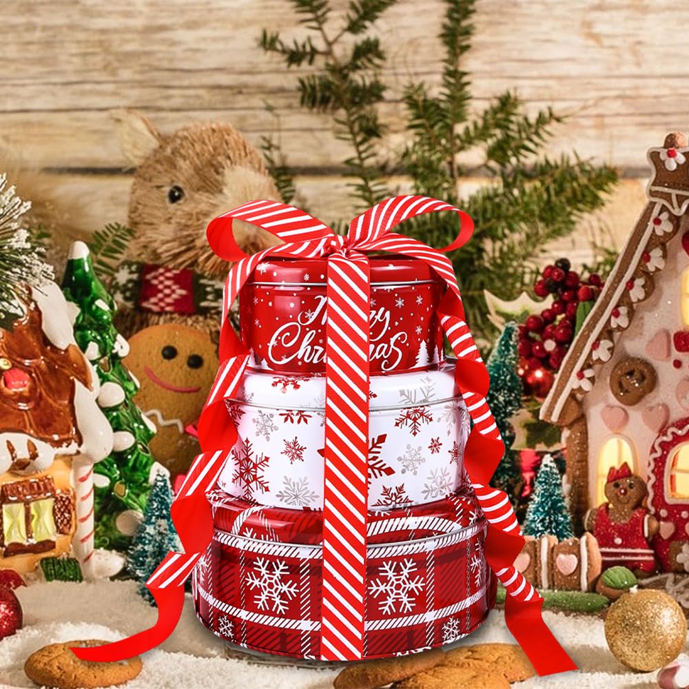 DIYDEC 3 Pack Christmas Cookie Tins with Lids Round Christmas Tin Containers with Gift Ribbon Large Medium Small Xmas Metal Nesting Containers Festive Cookie Tins for Gift Giving Holiday Treats