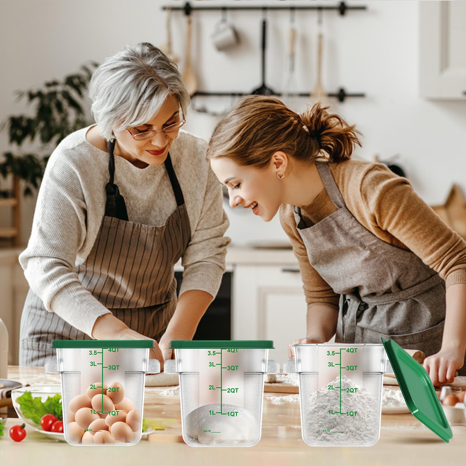 FeyBuosk 4 pcs 4qt Food Storage Containers with Lid, Square Clear Commercial Food Storage Containers with Handle and Scale for Food Storage in Home Kitchen & Dining (Green)