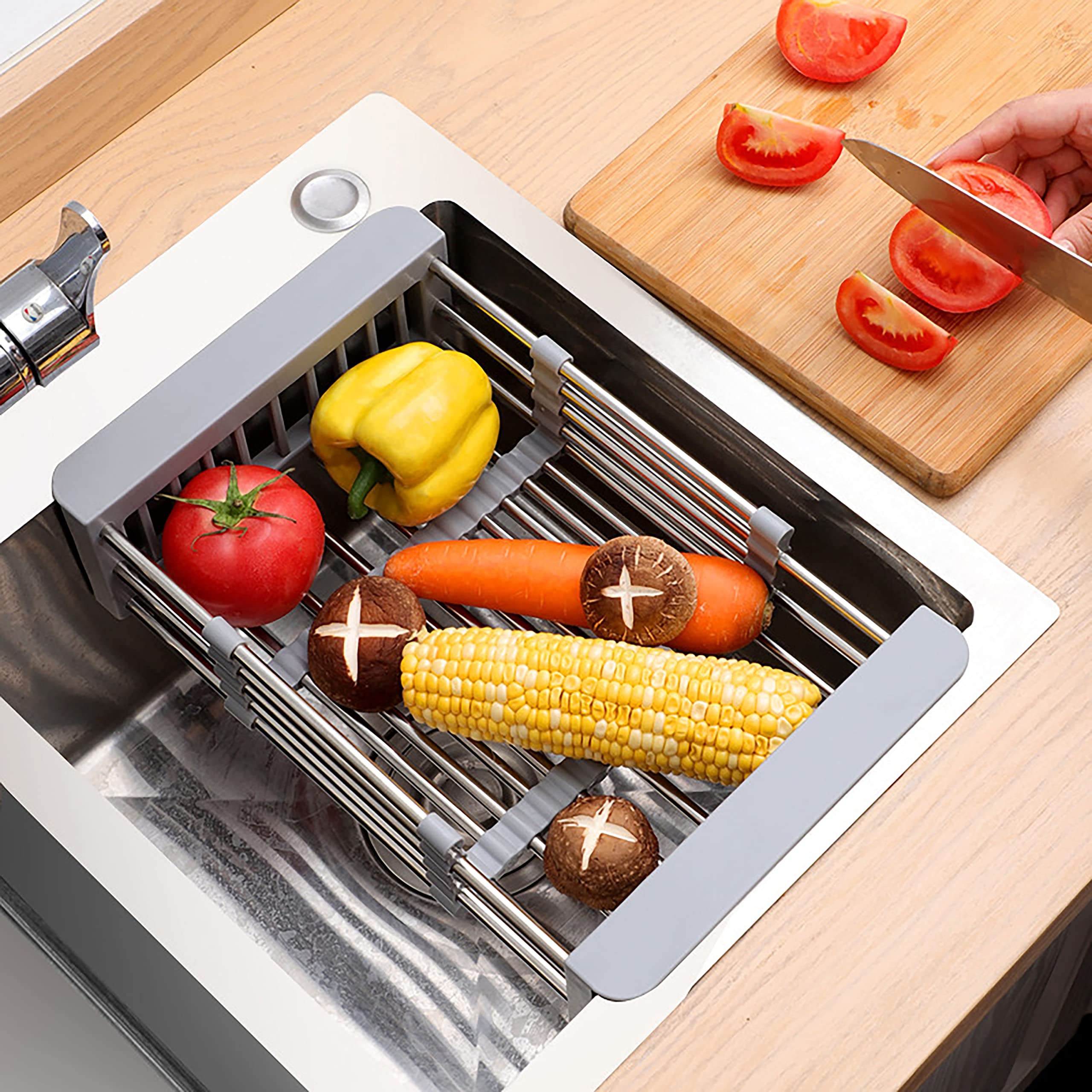 PEAKXCAN Retractable Stainless Steel Kitchen Draining Rack, Sink Draining Basket, Fruit and Dish Rack, Dish Washing Basket, Draining Bowl Rack, Shelf