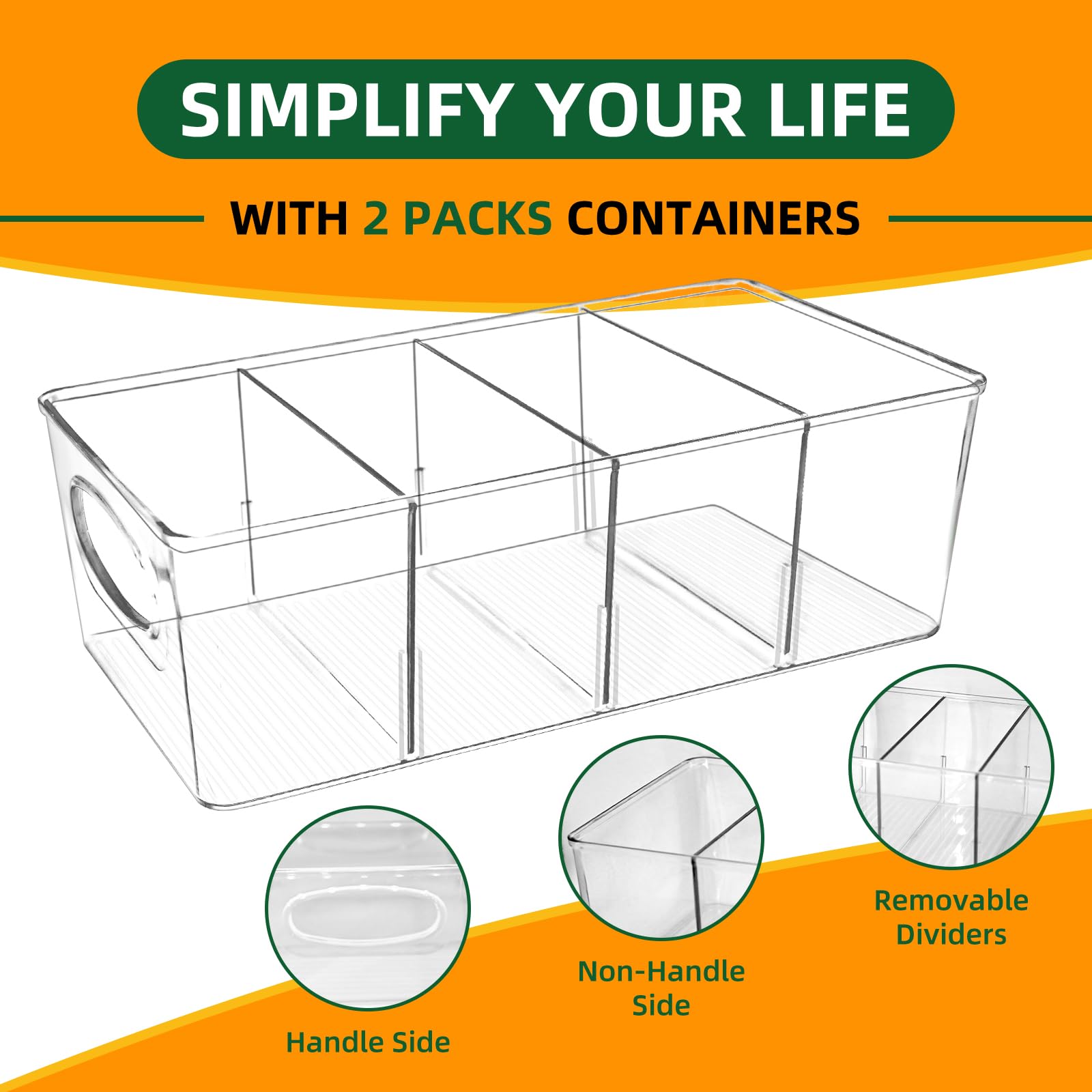3 Pack Pantry Organizer Bins with Removable Dividers, Divided Food Storage Containers, Perfect for Cabinet Organizers, Kitchen Organization, Pantry Storage, Refrigerator Organizers