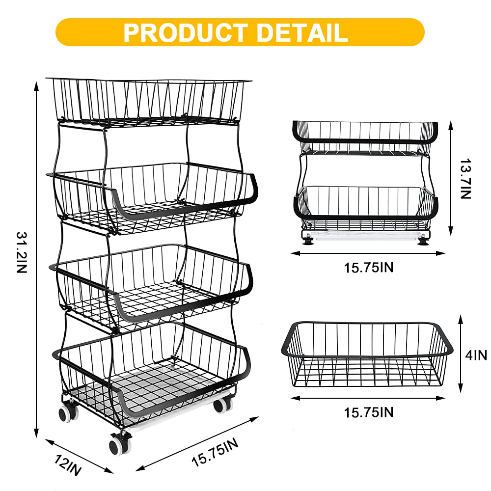 Fruit Vegetable Storage Basket, 4 Tier Stackable Metal Wire Storage Baskets with Wheels, Fruit Vegetable Produce Basket Organizer Bins for Kitchen, Pantry, Bathroom