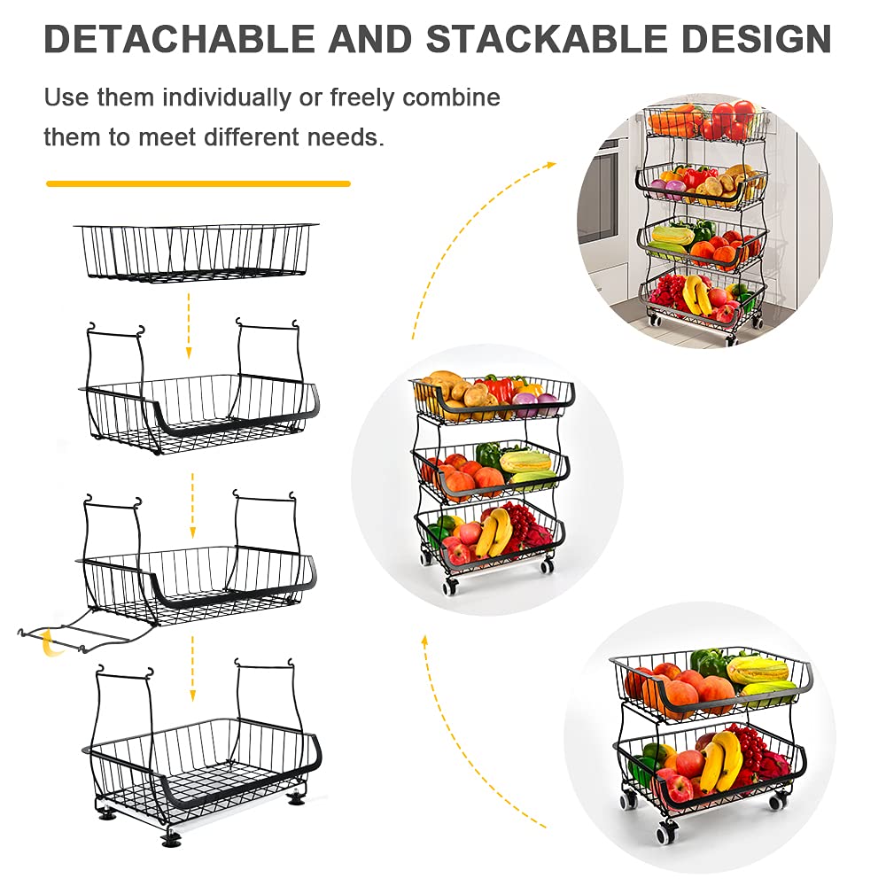 Fruit Vegetable Storage Basket, 4 Tier Stackable Metal Wire Storage Baskets with Wheels, Fruit Vegetable Produce Basket Organizer Bins for Kitchen, Pantry, Bathroom