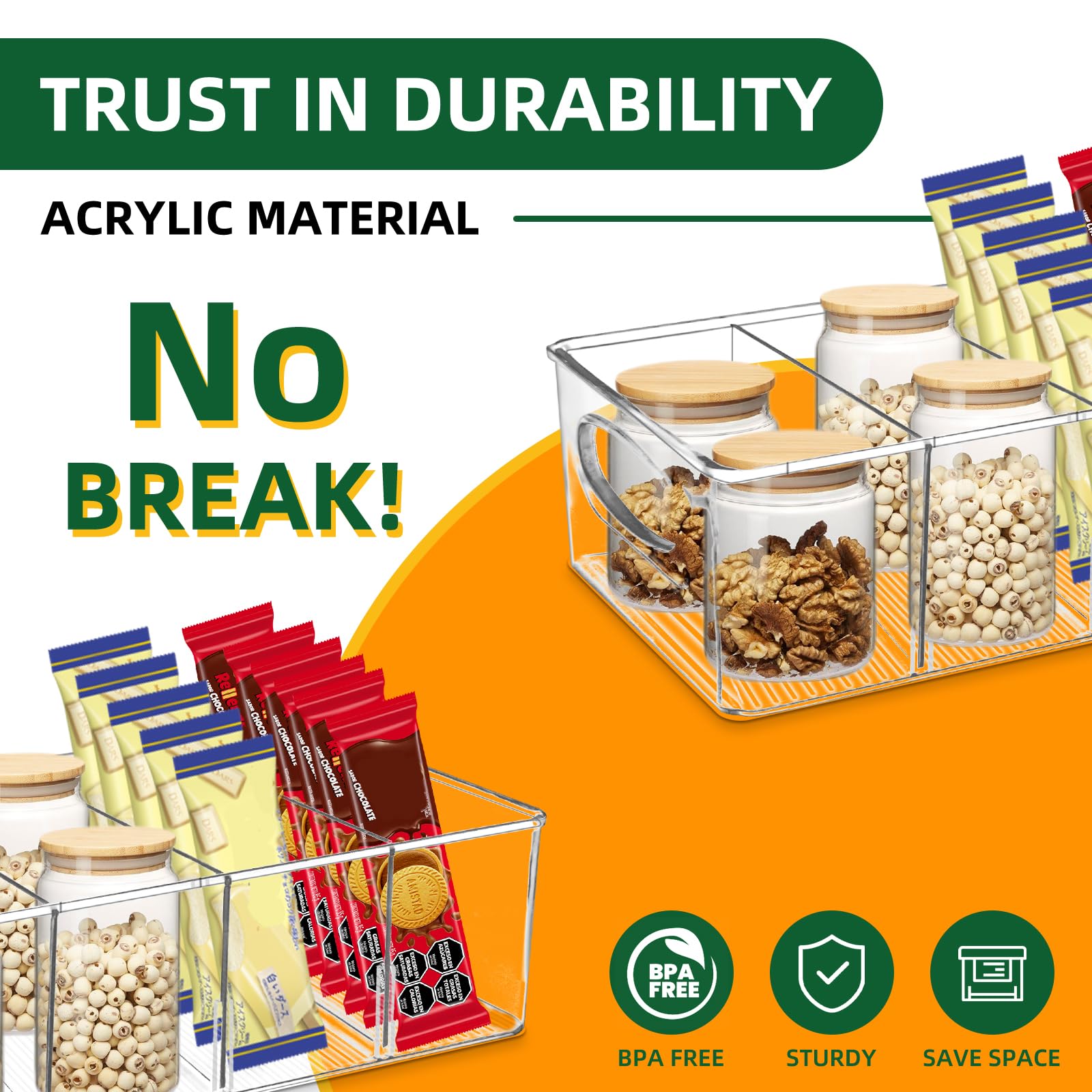 3 Pack Pantry Organizer Bins with Removable Dividers, Divided Food Storage Containers, Perfect for Cabinet Organizers, Kitchen Organization, Pantry Storage, Refrigerator Organizers
