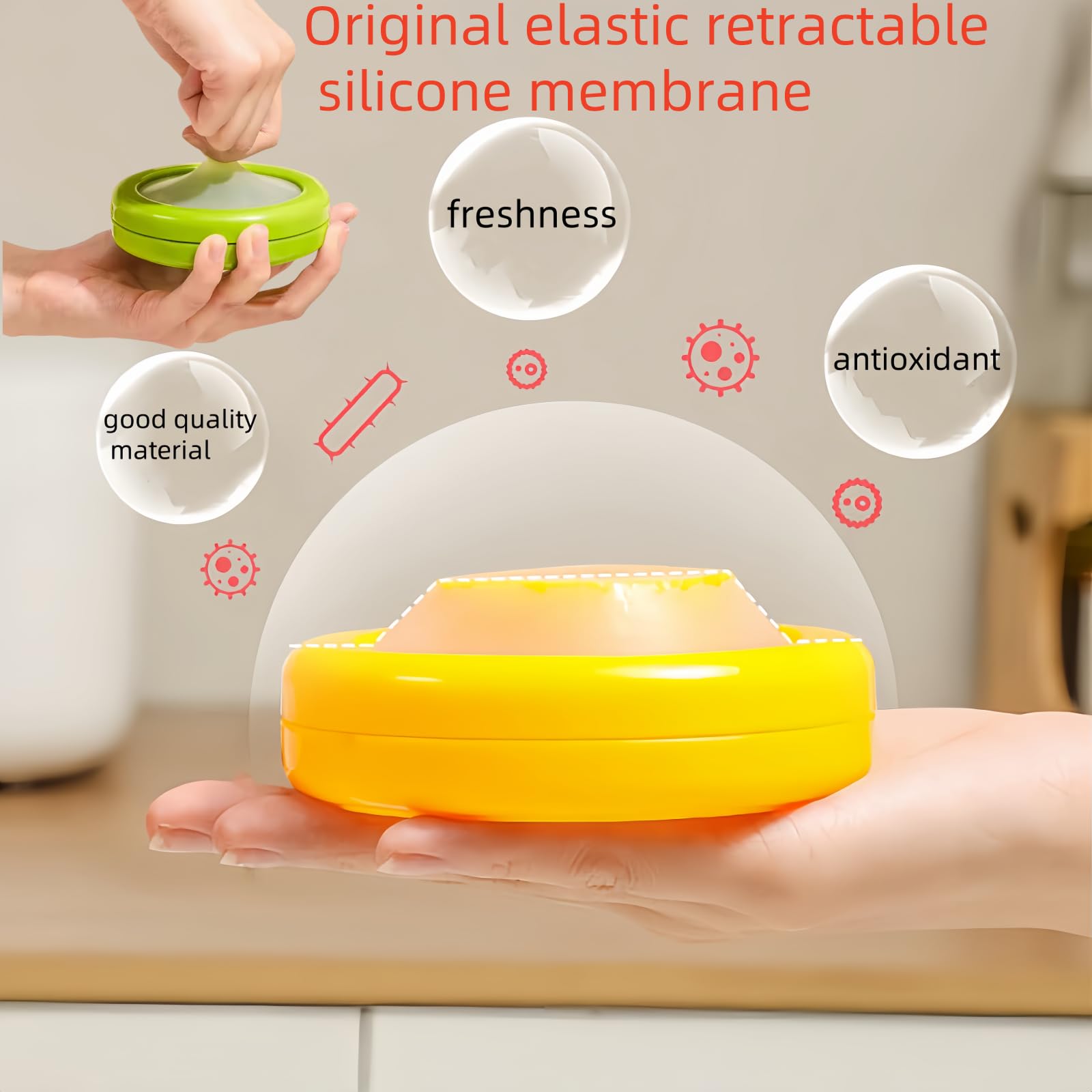Generic Modern Silicone Fruit Storage Box Set of 4, Round, 3.93 inches by 1.02 inches, Green & Yellow, Reusable, Portable, Flip Top, Fruit, Vegetable, Snacks