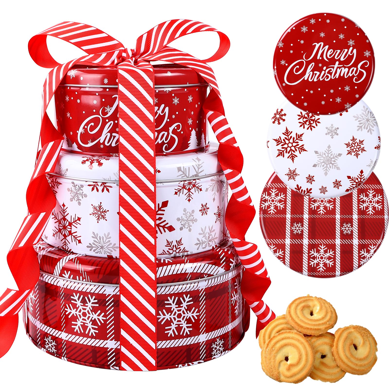 DIYDEC 3 Pack Christmas Cookie Tins with Lids Round Christmas Tin Containers with Gift Ribbon Large Medium Small Xmas Metal Nesting Containers Festive Cookie Tins for Gift Giving Holiday Treats