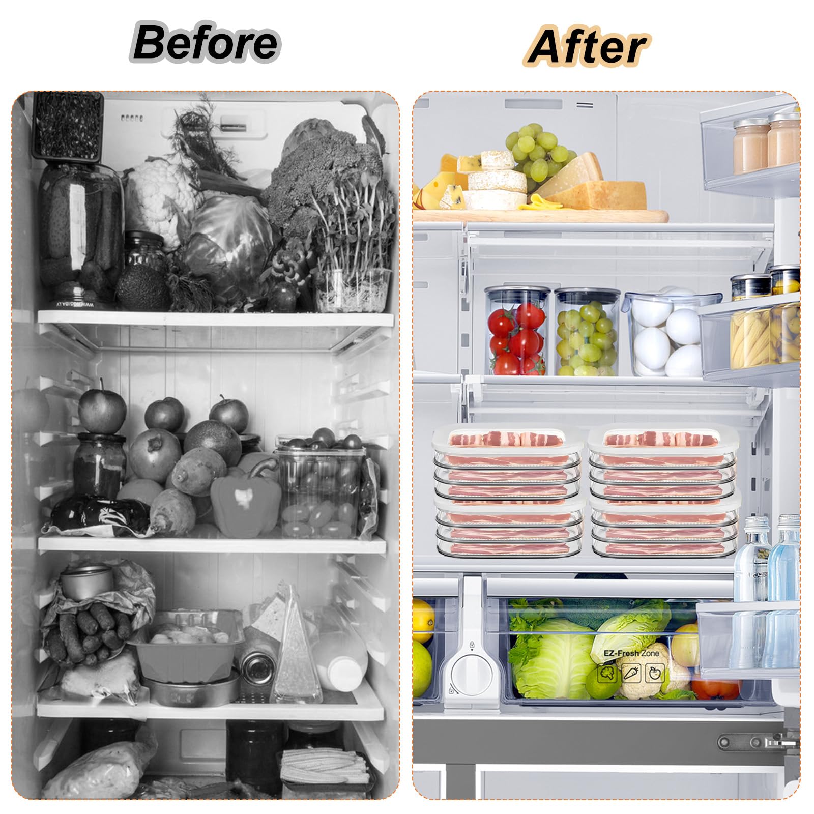 RAUWIZX 3 PCS Bacon Refrigerator Crisper with Lid, Deli Meat Cold Cut Food Storage Organizer, Plastic Bacon Crisper, Stackable Refrigerator Transparent Organizer, (FREE MEAT CUTTERS)