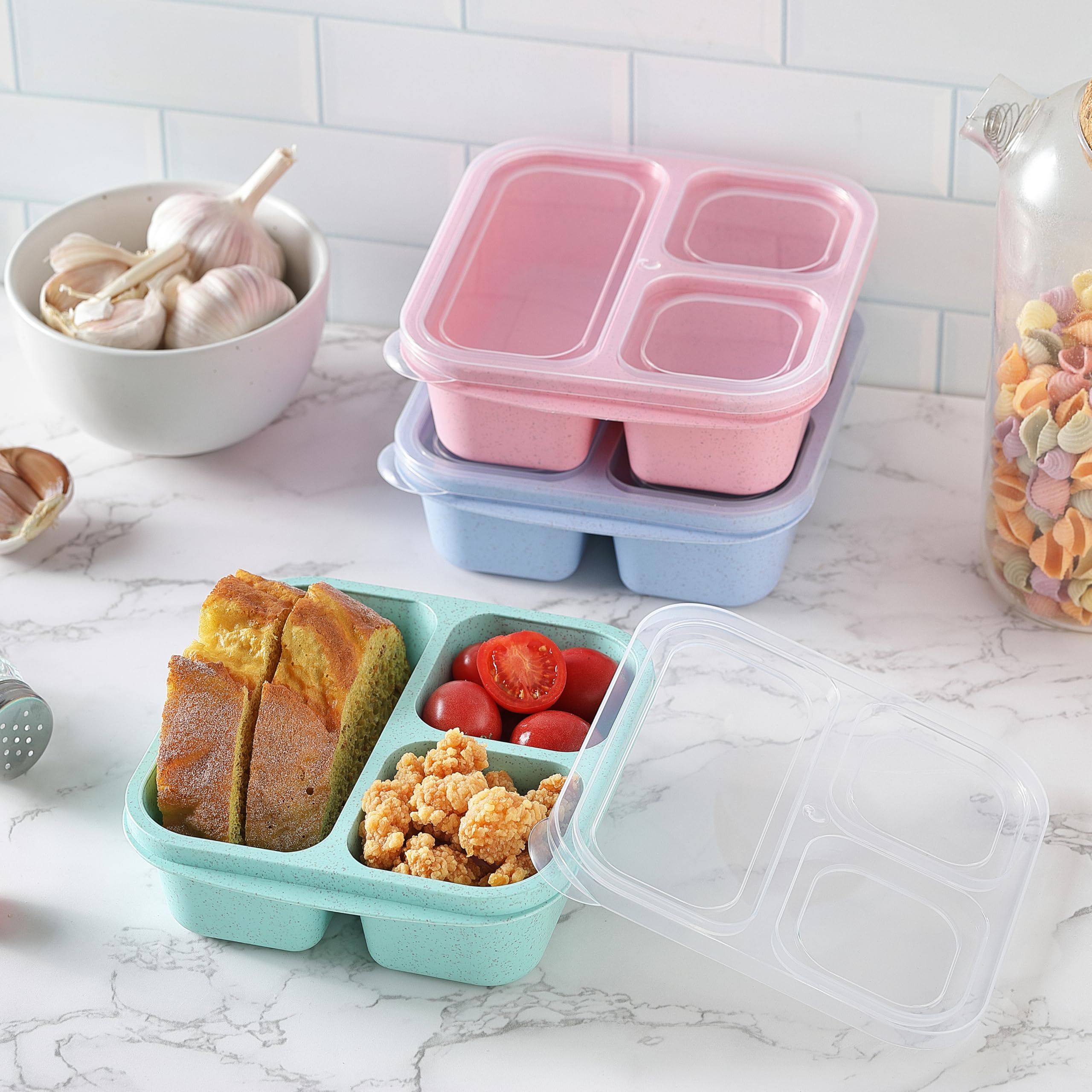 MONGSEW 3PCS Stackable Snack Box with 3 Compartments, Lunch Containers & Bento Box for Kids and Adults (3Pack, 3Colors)