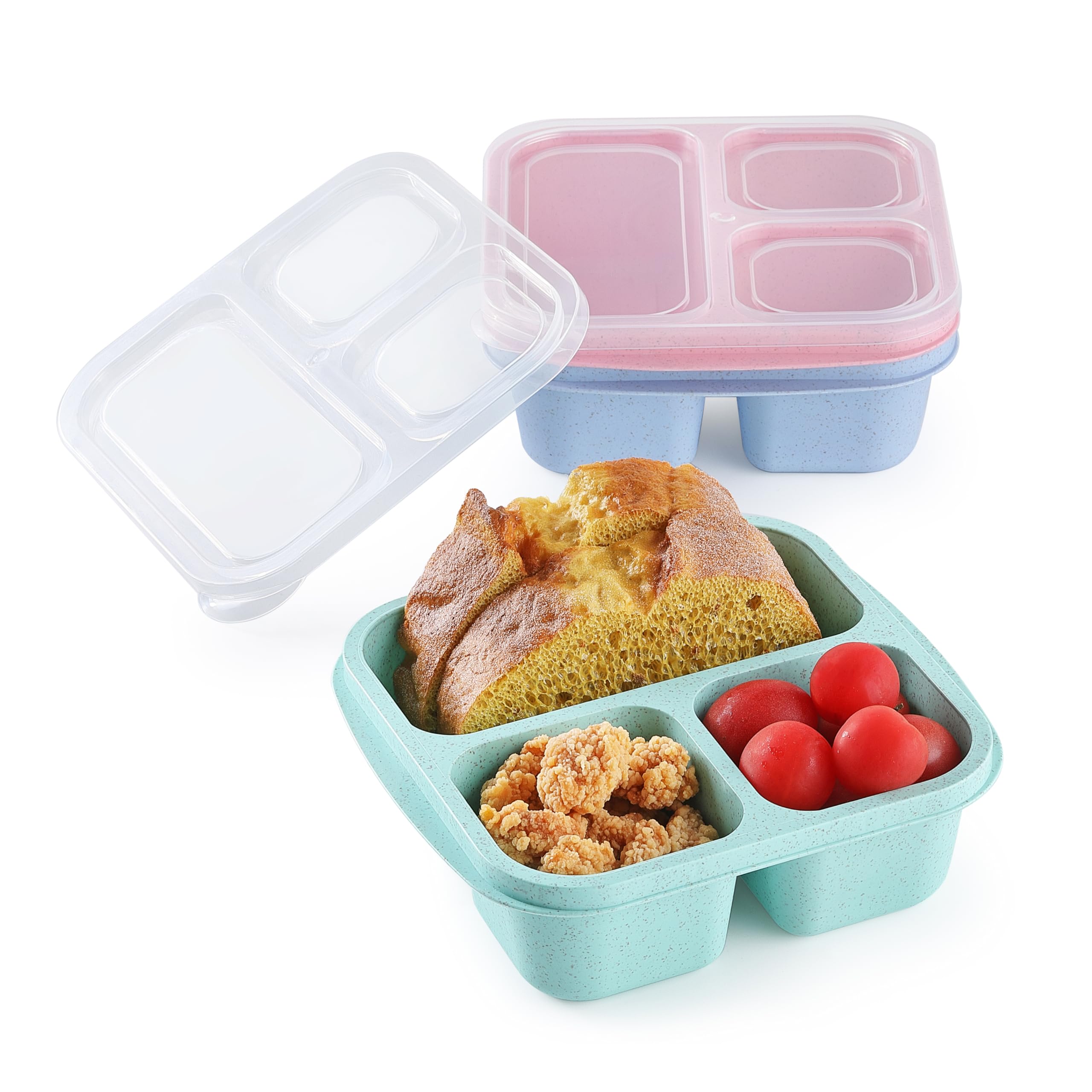 MONGSEW 3PCS Stackable Snack Box with 3 Compartments, Lunch Containers & Bento Box for Kids and Adults (3Pack, 3Colors)
