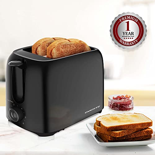 Ovente Electric 2-Slice Toaster Machine, 700W with 6-Shade Toast Setting, Removable Crumb Tray, Compact and Easy to Use, Perfect on Kitchen Countertop for Toasting Bread, Bagel & Waffle, Black TP2210B