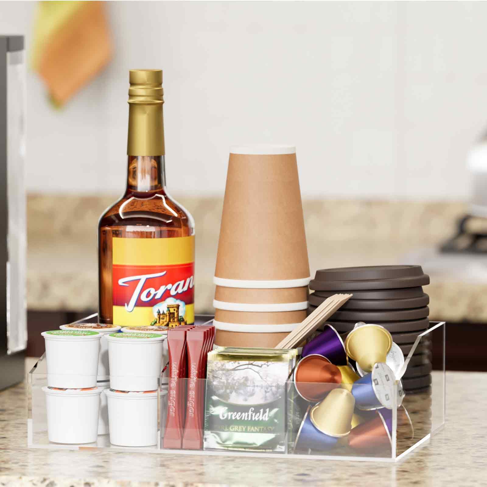 Neatsure Coffee Bar Station Organizer, Acrylic Countertop Holder for Pods, Condiments, Stirrers, Snacks, Tea, Bar Accessories, Gift for Lovers, Clear