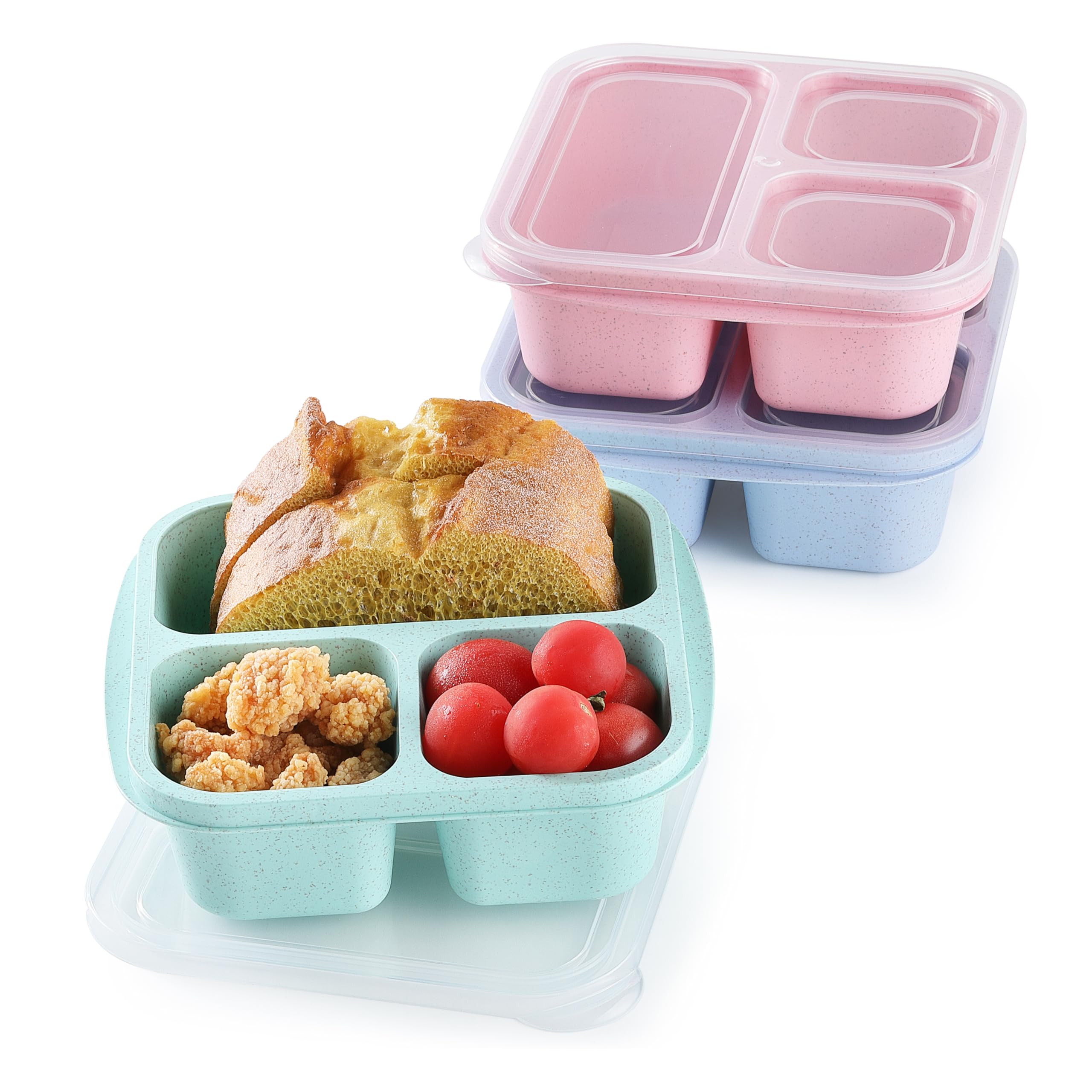 MONGSEW 3PCS Stackable Snack Box with 3 Compartments, Lunch Containers & Bento Box for Kids and Adults (3Pack, 3Colors)