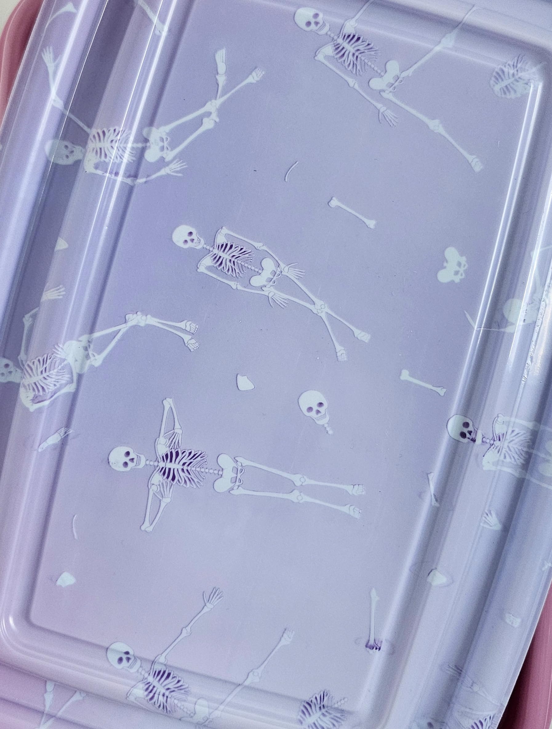 Purple Skeletons Plastic Food Storage Containers, Set of 6 BPA Free Containers with Lids, 9 inches by 6 inches by 2 inches.