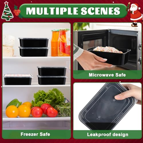 50 Pack Christmas Food Prep Containers with Lids 25 oz Meal Packaging Containers Plastic Christmas Cookie Boxes Reusable for Holiday Goodie Container or Exchange Gift Giving 10 Designs