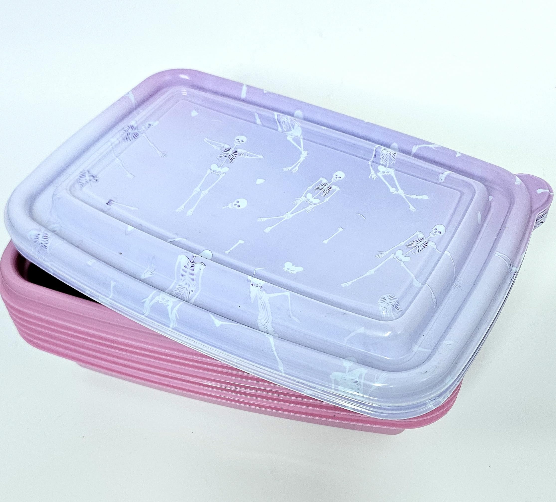 Purple Skeletons Plastic Food Storage Containers, Set of 6 BPA Free Containers with Lids, 9 inches by 6 inches by 2 inches.