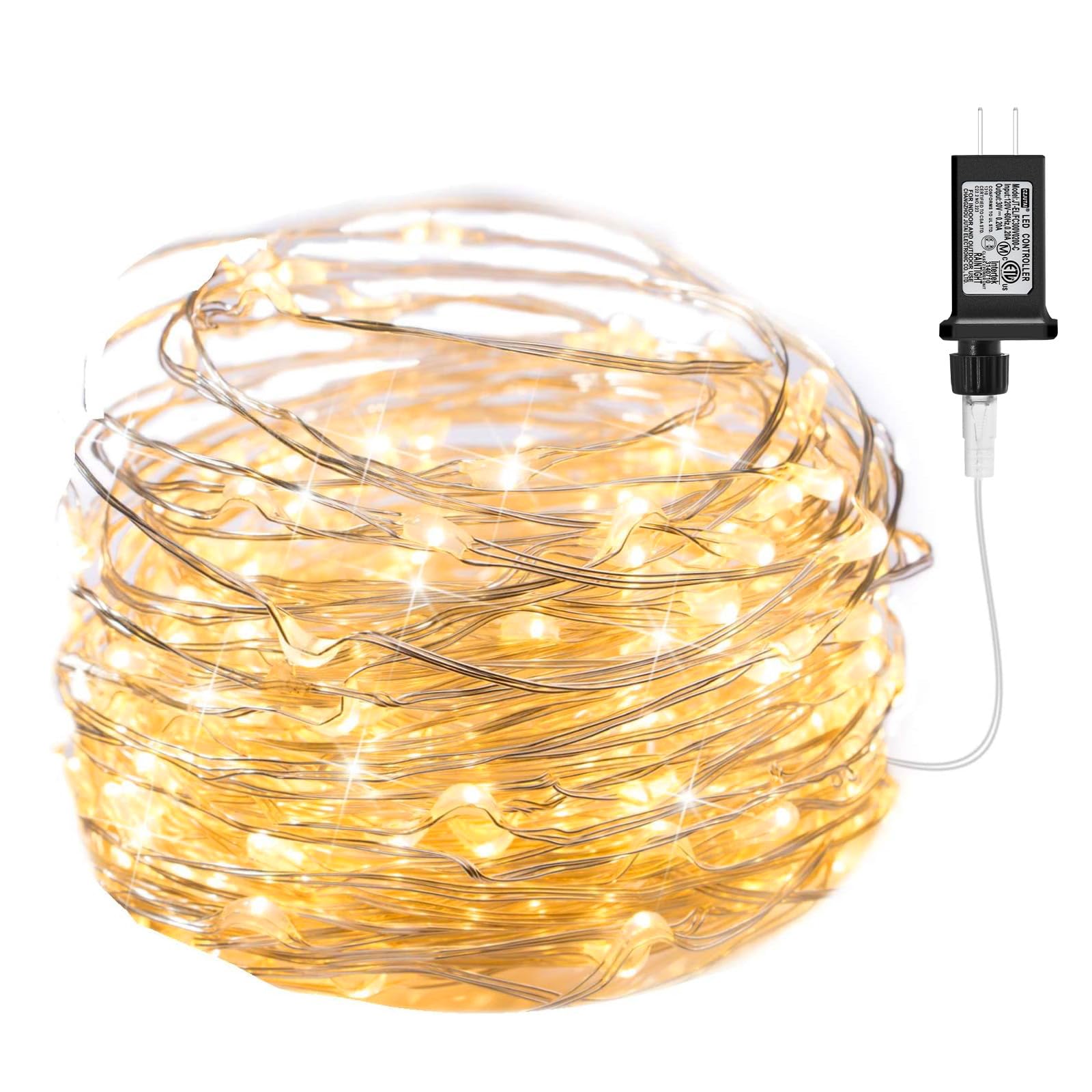 Minetom Fairy Lights Plug in, 33Ft 100 LEDs Waterproof Silver Wire Firefly Lights, UL Adaptor Included, Starry String Lights for Wedding Indoor Outdoor Christmas Patio Garden Decoration, Warm White