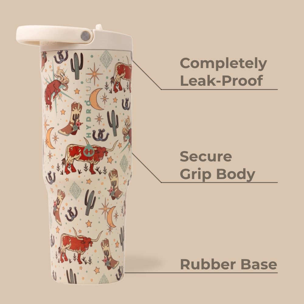HydroJug Sport - Stainless Steel Tumbler with Straw, Vacuum Insulated, 32oz Leakproof Water Bottle, Ergonomic Design, Reusable, Dishwasher Safe, Rubber Base, Durable for Gym or Outdoors, Rodeo