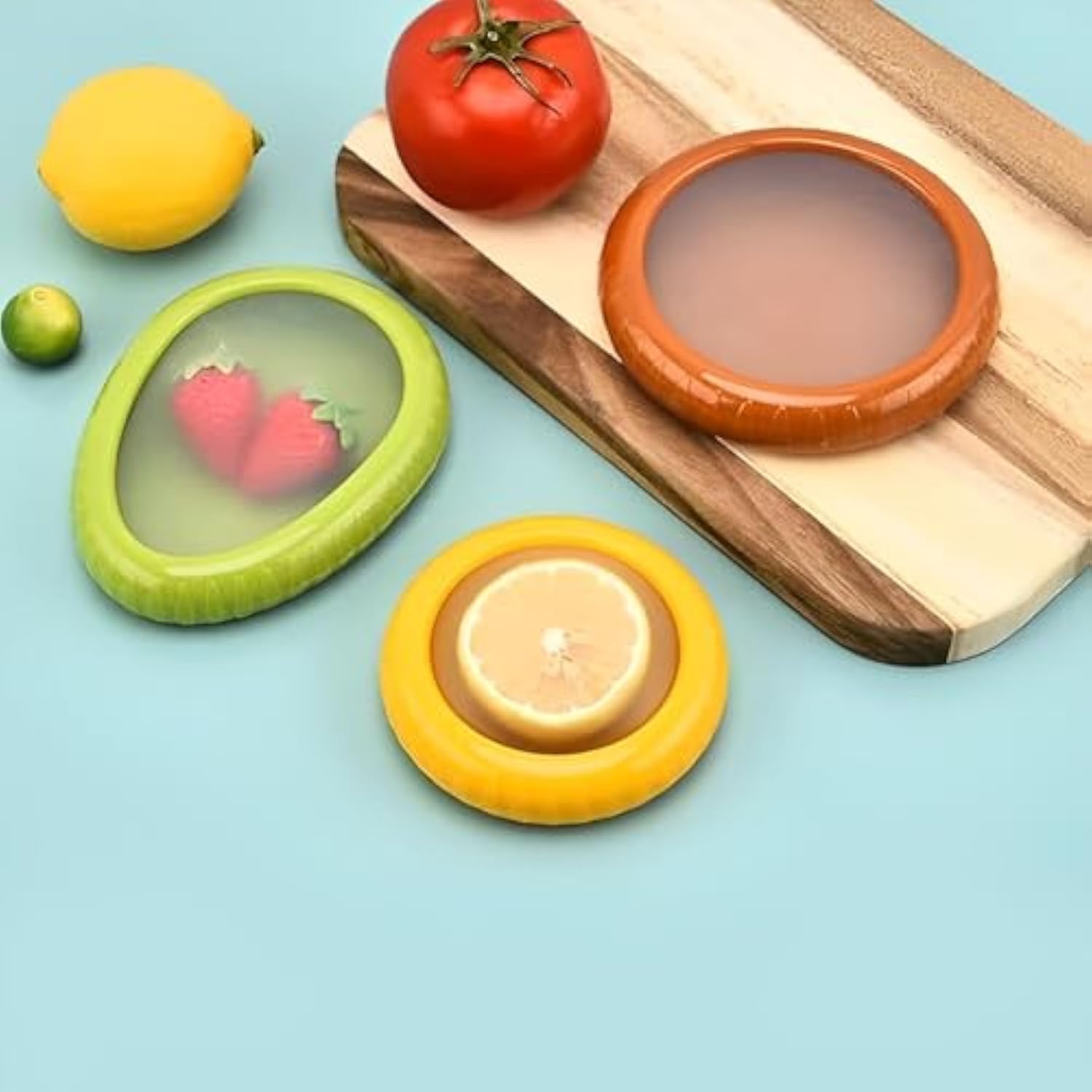 MONEBI 2024 New Silicone Fruit Storage Box,Fruit and Vegetable Anti-Oxidation Storage Box, Silicone Fruit Storage Containers For Fridge, Reusable Food Saver for Avocado Tomato Onion Lemon (4pcs)
