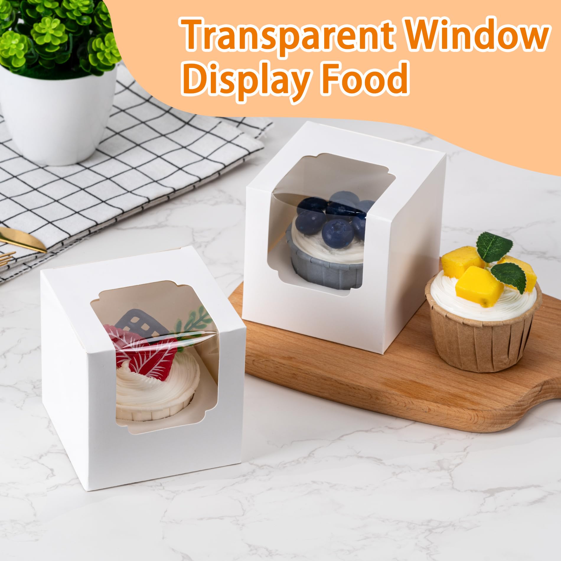 BOOMIBOO 50 Pack Individual Cupcake Containers, Cupcake Boxes with Window, Food Grade Cupcake Holders with Inserts, Stackable Deep Cupcake Carrier (White)