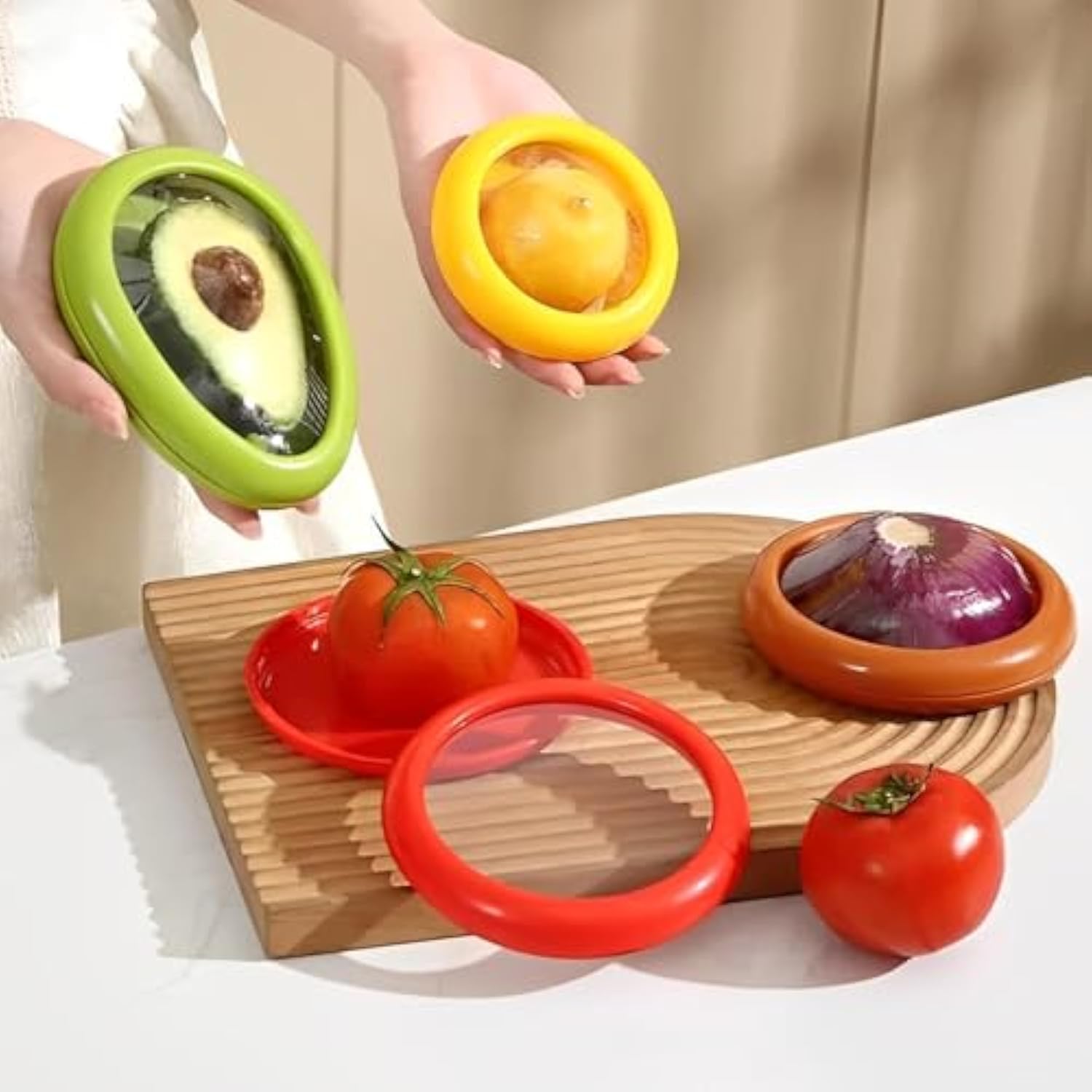 MONEBI 2024 New Silicone Fruit Storage Box,Fruit and Vegetable Anti-Oxidation Storage Box, Silicone Fruit Storage Containers For Fridge, Reusable Food Saver for Avocado Tomato Onion Lemon (4pcs)