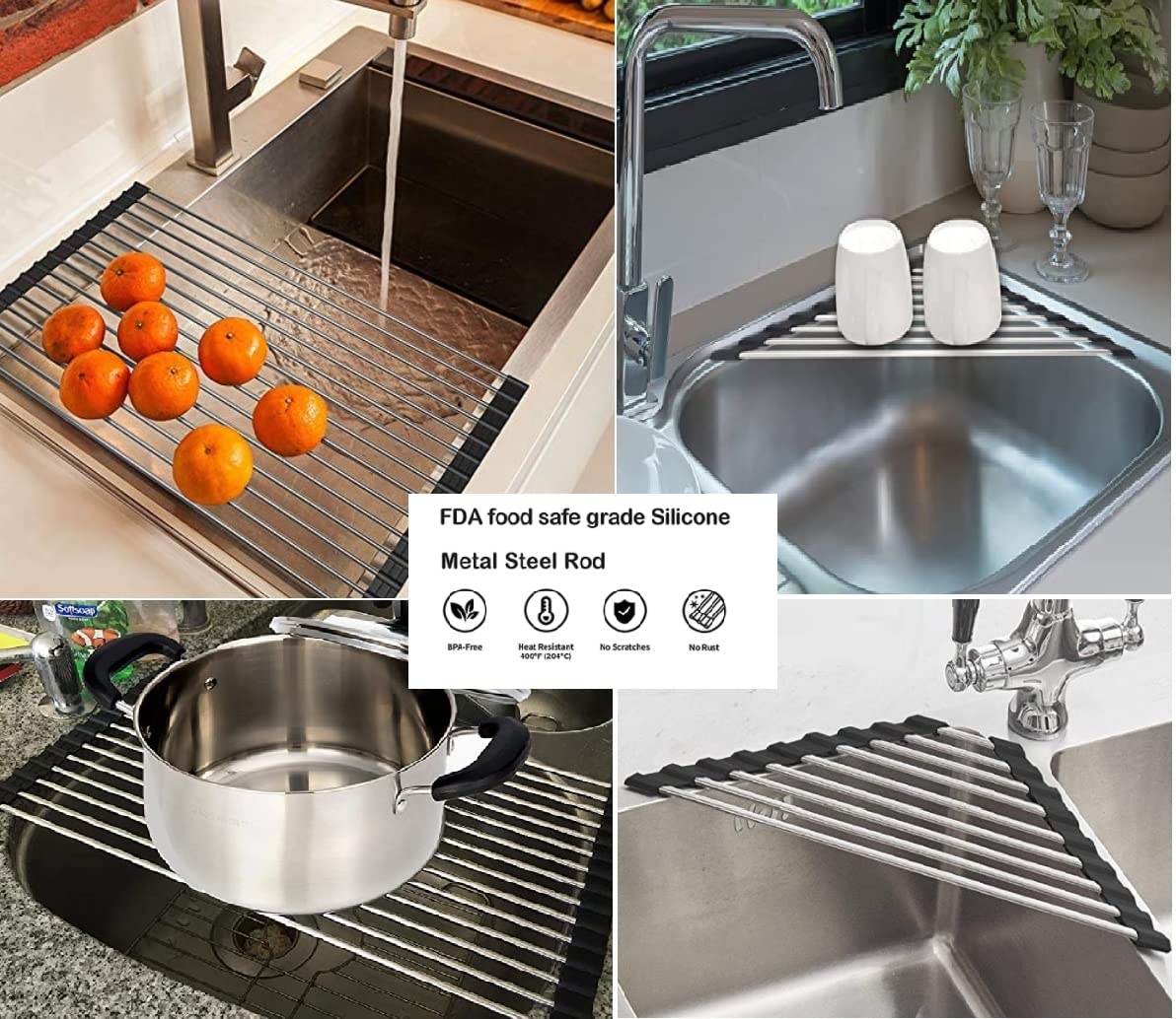 Corner Sink Drying Rack Roll up Dish Drying Dry Rack with Utensil Holder Over The Sink Multipurpose Foldable 304 Stainless Steel Drainer for Kitchen Sink Counter Triangle Drain Combination Packages