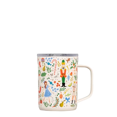 Corkcicle x Rifle Paper Co. Nutcracker Ballet Insulated Coffee Mug with Lid and Handle, 16 oz – Travel Mug Keeps Drinks Hot 3hrs – Non-Slip, Easy-Grip, Spill-Resistant Tumbler