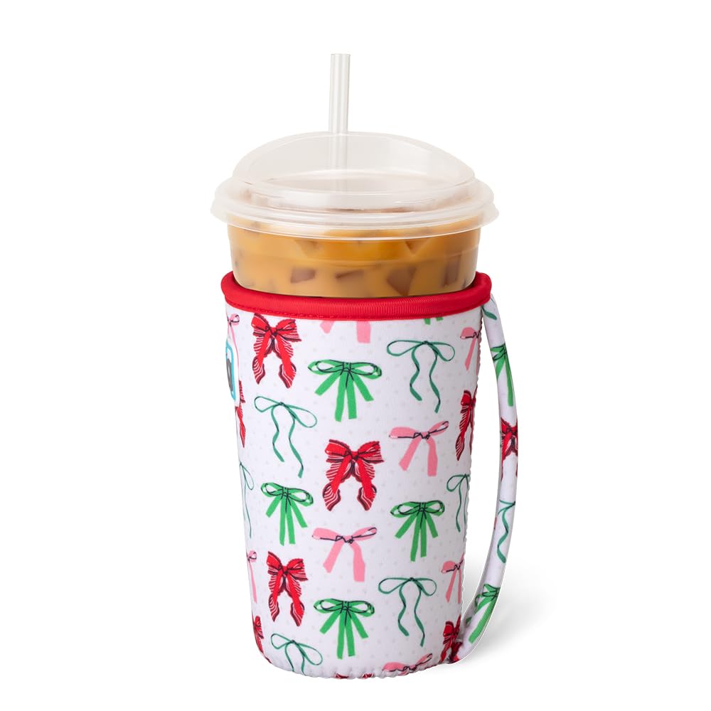Swig Life Iced Cup Coolie, Standard 22oz Iced Coffee Cup Insulator Sleeve with Handle, Neoprene Insulated Coolie Keeps Drinks Cold (Ribbons and Bows)