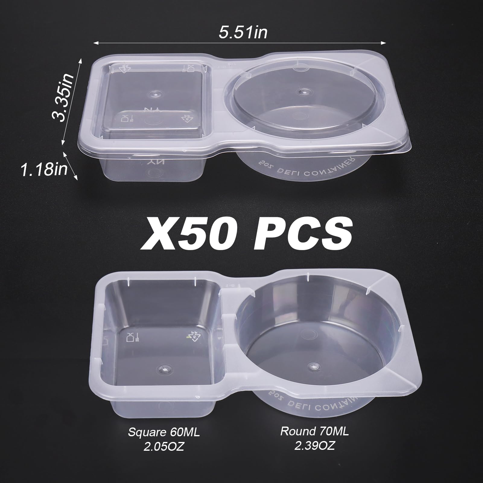 50pcs Double Compartment Condiment Container With Lids,Disposable 2 Compartment Sauce Containers Clear Plastic Snack Containers For Travel