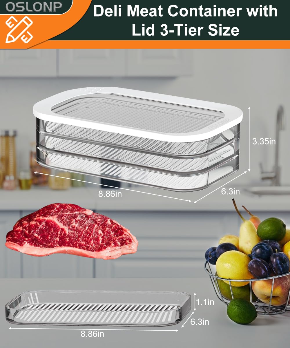 Deli Meat Container for Fridge,Lunch Meat Container for Refrigerator,Lunch Meat Cheese Container for Refrigerator,Stackable Food Storage Boxes With Lid Cold Cuts ,Salami,Bacon ,BPA Free,18.6oz 3 Pack