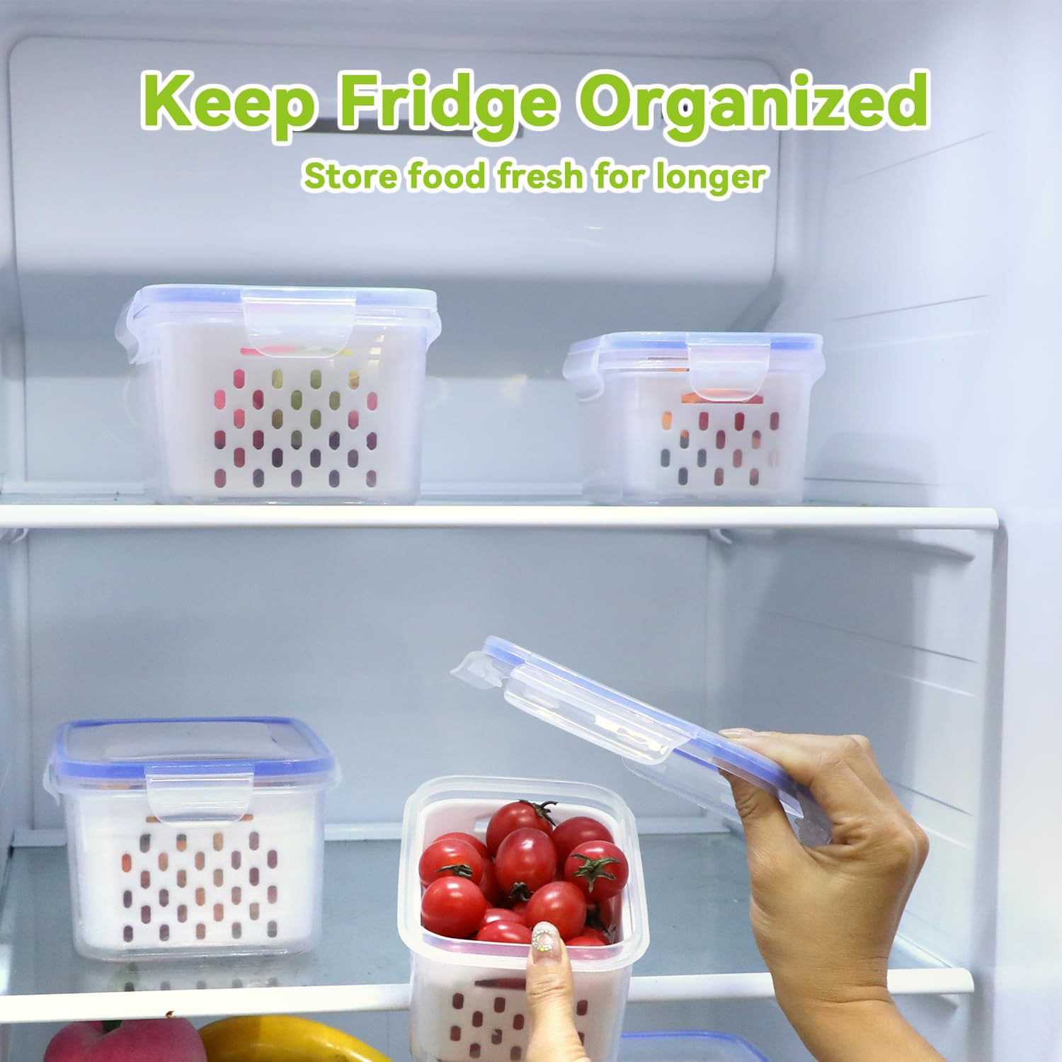 3 Pack Fruit Storage Containers for Fridge, Airtight Food Storage Containers with Removable Colander, Produce Saver Organizers Storage for Refrigerator, Keep Fruit Vegetable Meat Berry Fresh Longer