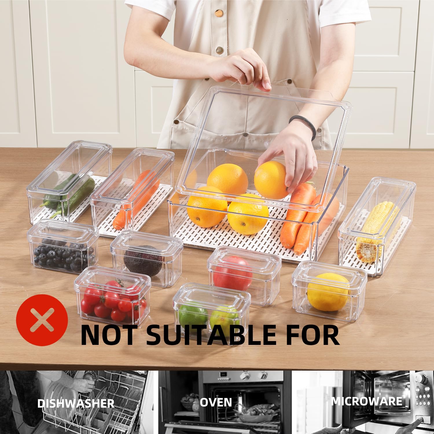 OMNISAFE Refrigerator Organizer Plastic Bins with Lids, Stackable Fridge Pantry Organizer, BPA-Free Fruit & Food Storage Bins for Kitchen, Vegetable, Cereals (10 Pack)