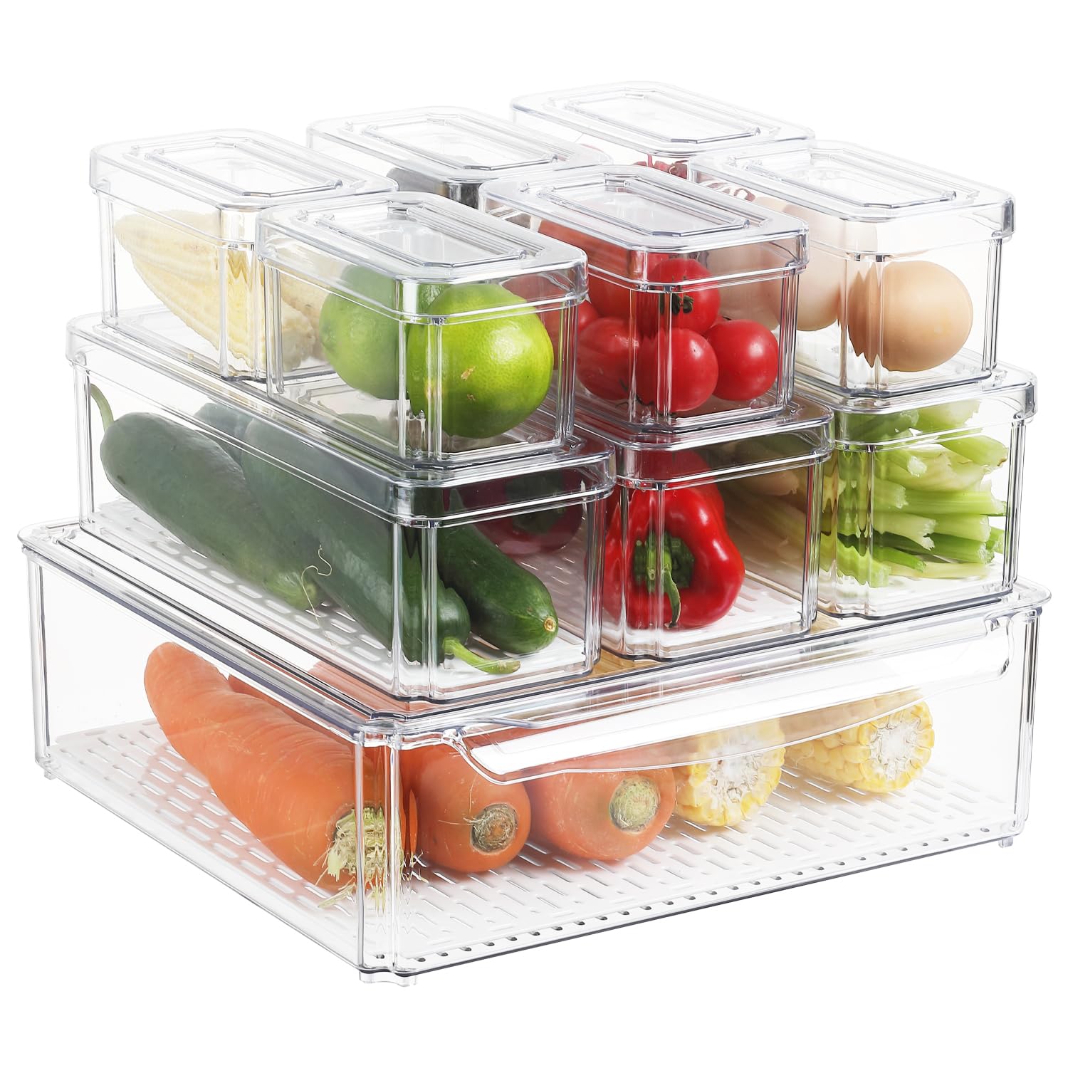 OMNISAFE Refrigerator Organizer Plastic Bins with Lids, Stackable Fridge Pantry Organizer, BPA-Free Fruit & Food Storage Bins for Kitchen, Vegetable, Cereals (10 Pack)