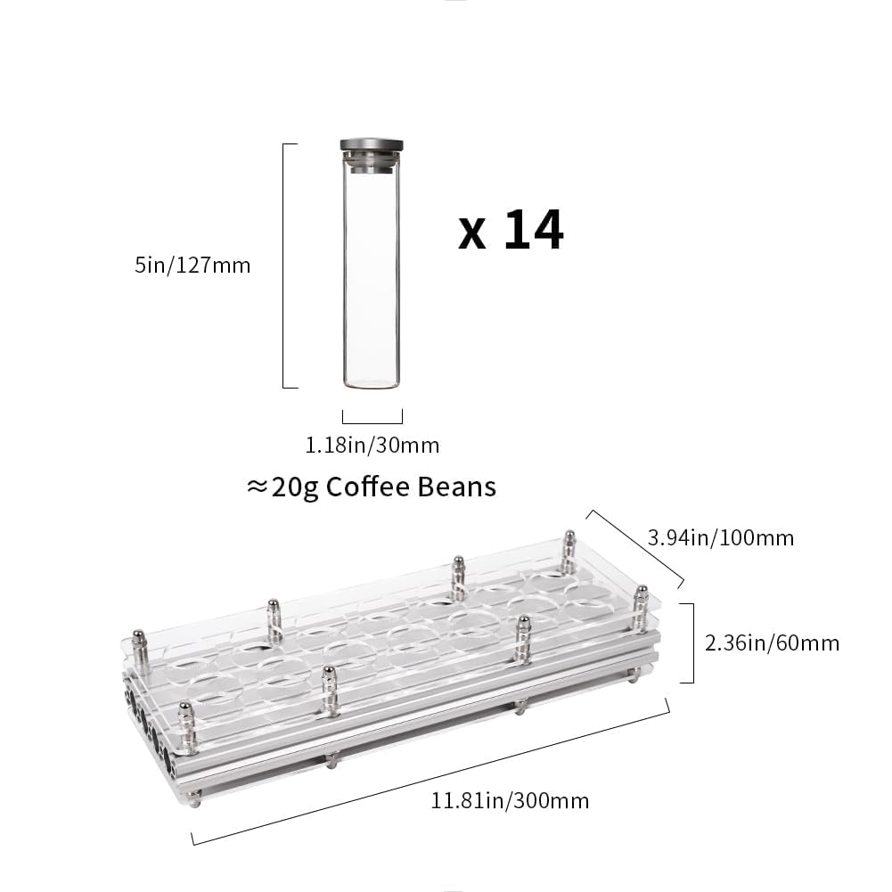 watchget 14-Piece Coffee Bean Storage Kit, Single-Dose Glass Tubes with Acrylic Stand, Airtight Coffee Cellar, Compact Bean Dispenser for Baristas & Home, Small