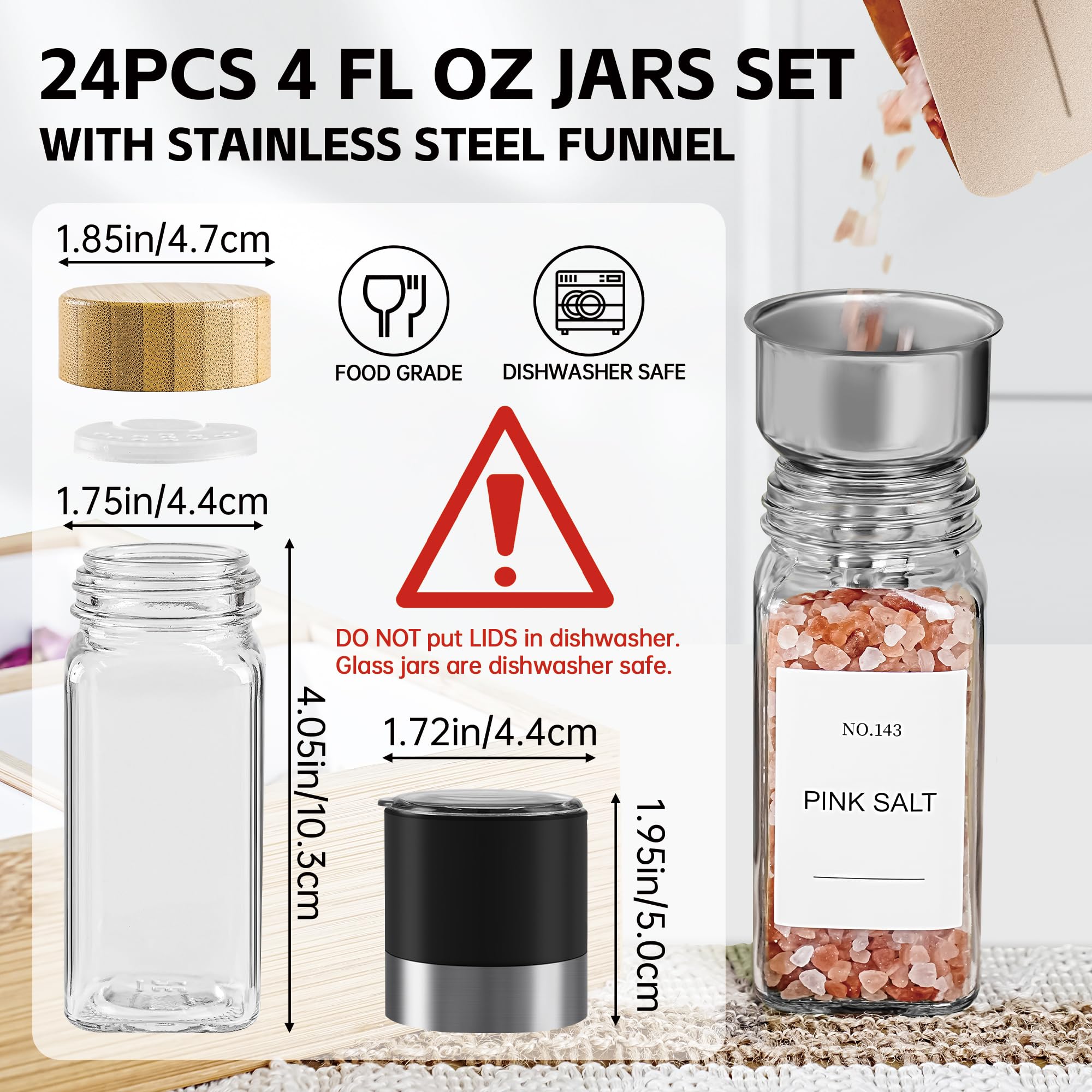 Miuyhji Spice Jars, 24 Pcs 4oz Spice Jars with Label, Glass Jars with Bamboo Lids, Spice Containers Bottles with Pepper Grinder & Stainless Steel Funnel for Seasoning Organizer, Cabinet, Drawer