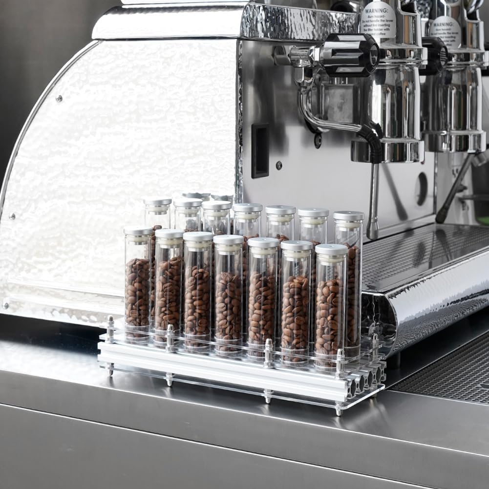 watchget 14-Piece Coffee Bean Storage Kit, Single-Dose Glass Tubes with Acrylic Stand, Airtight Coffee Cellar, Compact Bean Dispenser for Baristas & Home, Small