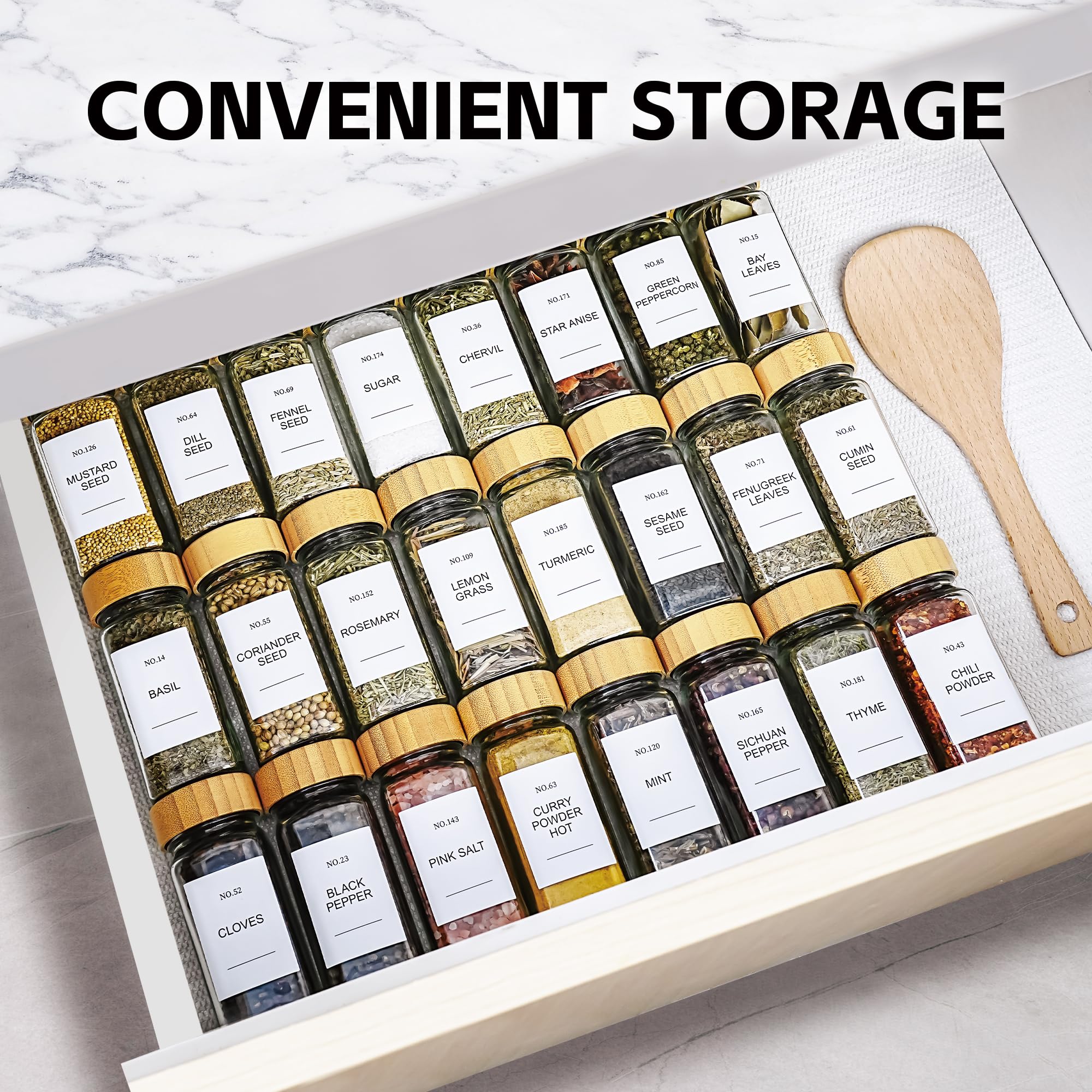 Miuyhji Spice Jars, 24 Pcs 4oz Spice Jars with Label, Glass Jars with Bamboo Lids, Spice Containers Bottles with Pepper Grinder & Stainless Steel Funnel for Seasoning Organizer, Cabinet, Drawer