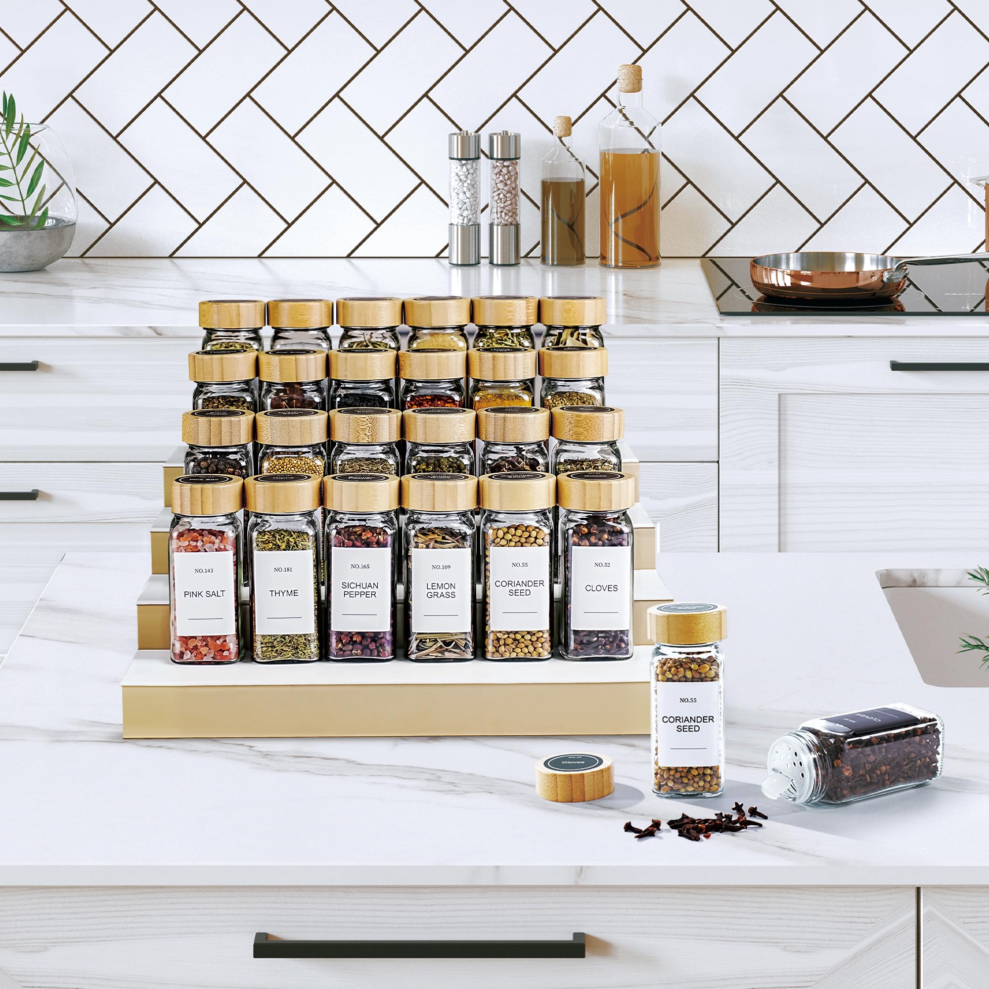 Miuyhji Spice Jars, 24 Pcs 4oz Spice Jars with Label, Glass Jars with Bamboo Lids, Spice Containers Bottles with Pepper Grinder & Stainless Steel Funnel for Seasoning Organizer, Cabinet, Drawer