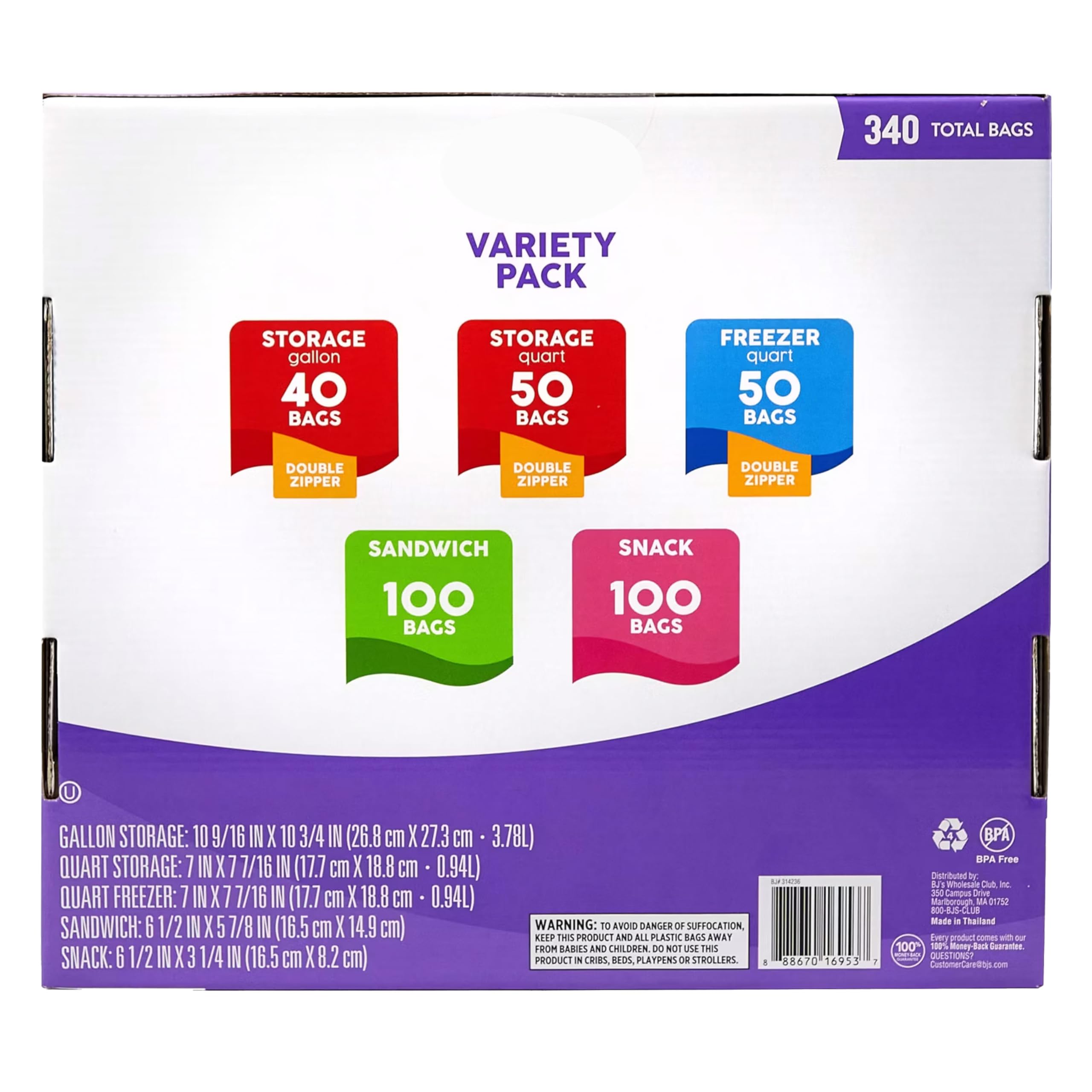 Food Storage Variety Pack, 340 Count | BPA-Free - Multi-Size Snack, Sandwich, Quart, and Gallon Bags for Food and Freezer Storage