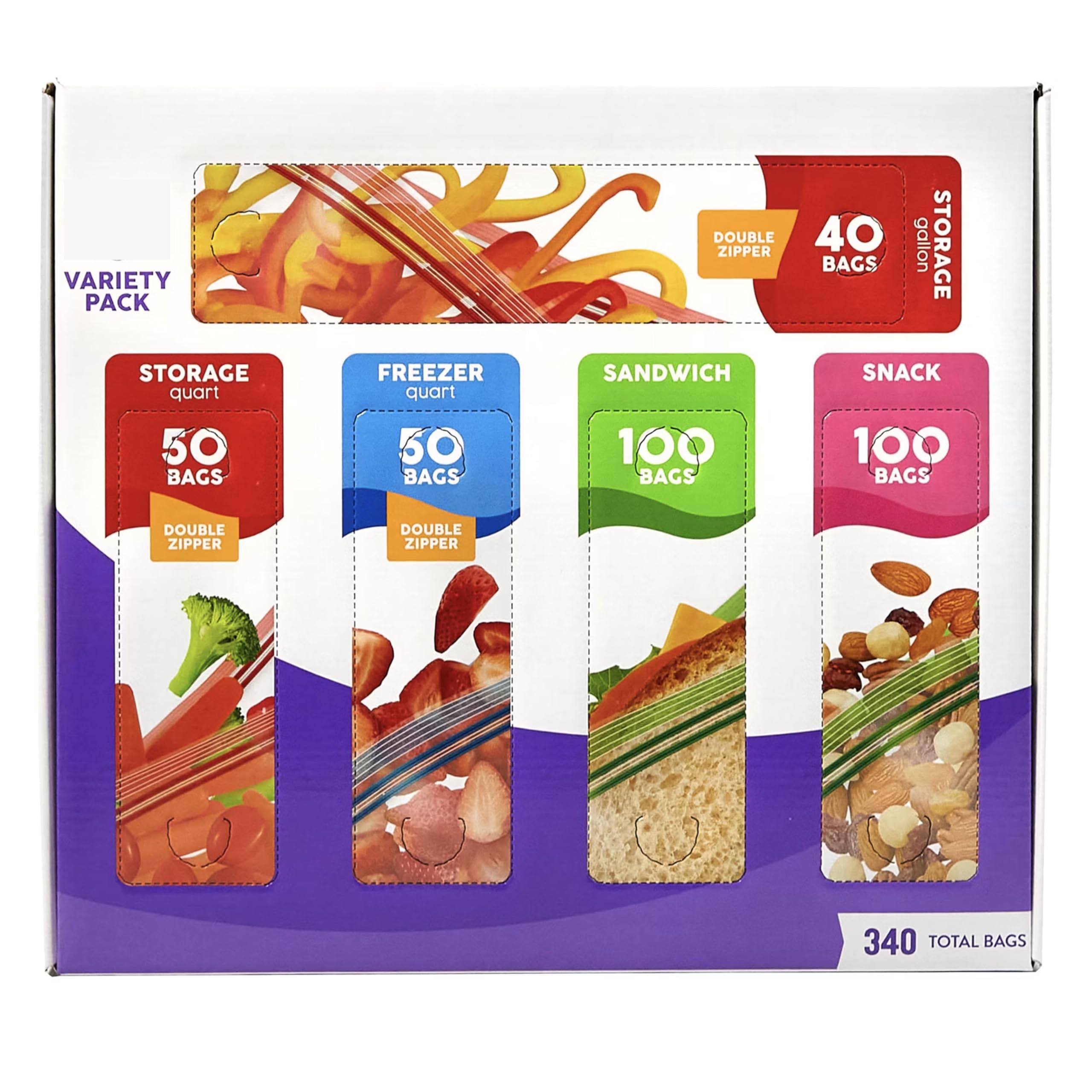 Food Storage Variety Pack, 340 Count | BPA-Free - Multi-Size Snack, Sandwich, Quart, and Gallon Bags for Food and Freezer Storage