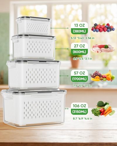 Tuuveeca 4 Pack Fruit Containers for Fridge,Stackable Refrigerator Organizer Bins with Removable Colander,Dishwasher & Microwave Safe Produce Containers Keep Fruits, Vegetables, Meat Fresh longer